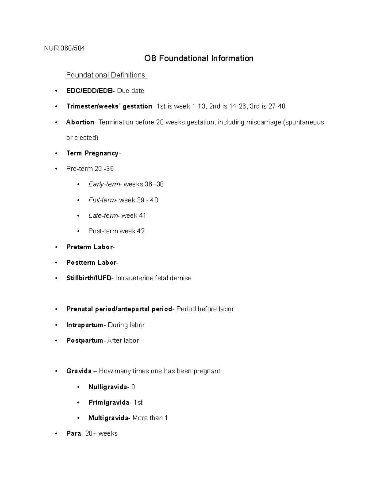 OB Terms-student 281 29 - NUR 360/ OB Foundational Information ...