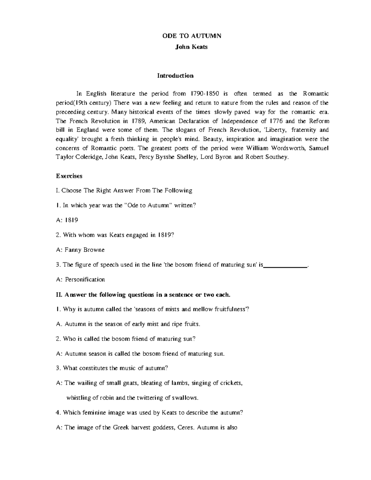 ODE TO Autumn - John Keats - ODE TO AUTUMN John Keats Introduction In ...