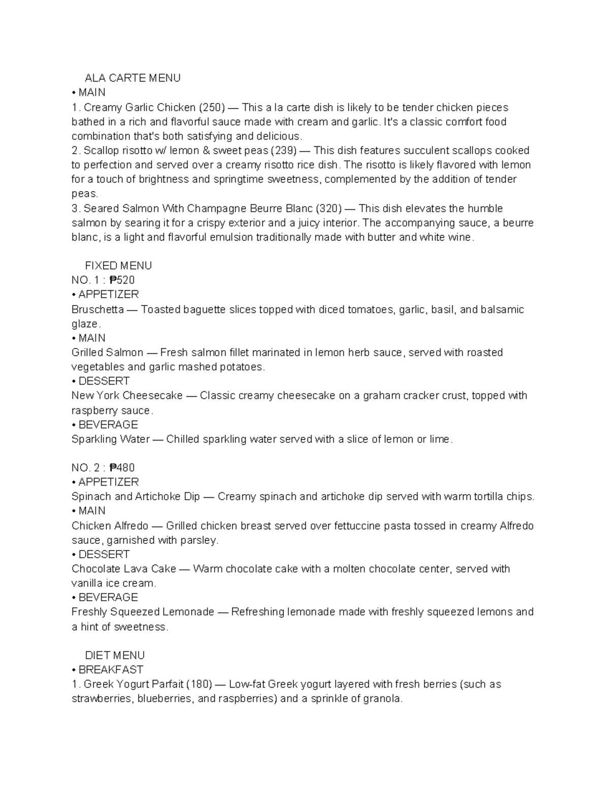 MENU- Listing - 📍ALA CARTE MENU • MAIN Creamy Garlic Chicken (250 ...