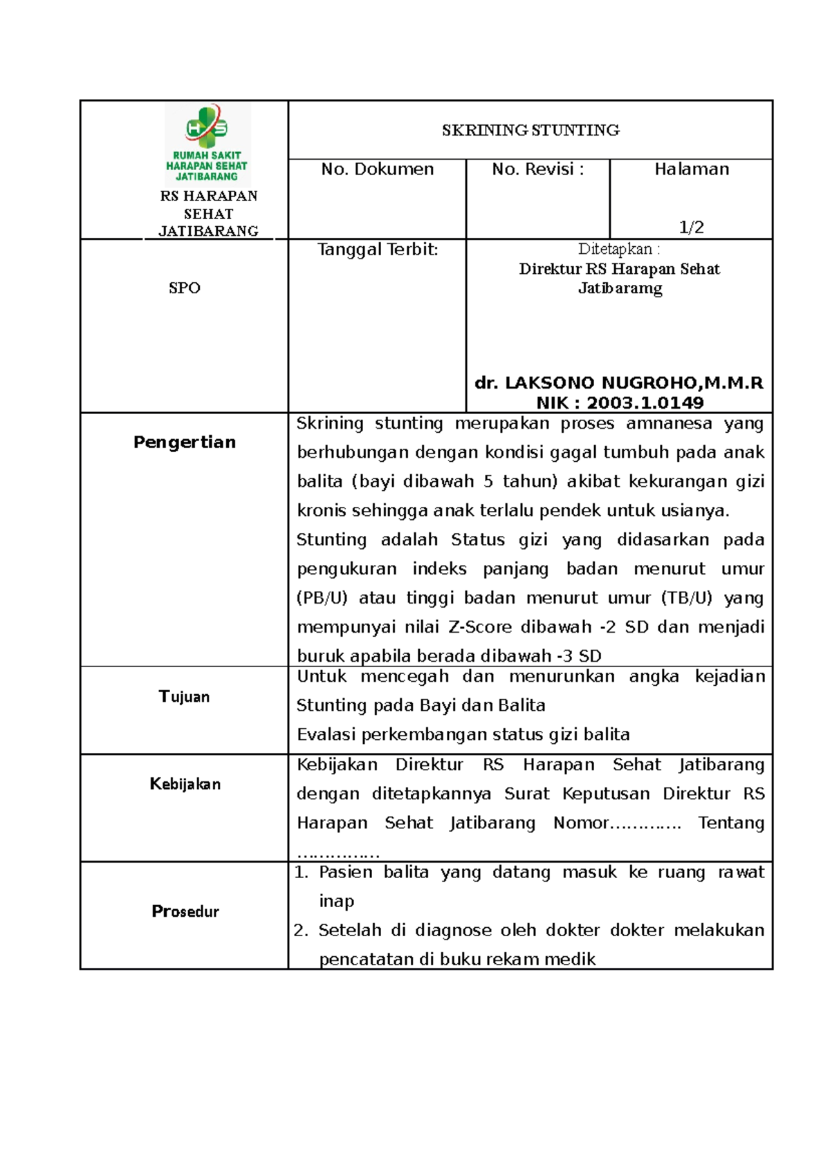 SPO Skrining Stunting - SKRINING STUNTING No. Dokumen No. Revisi ...