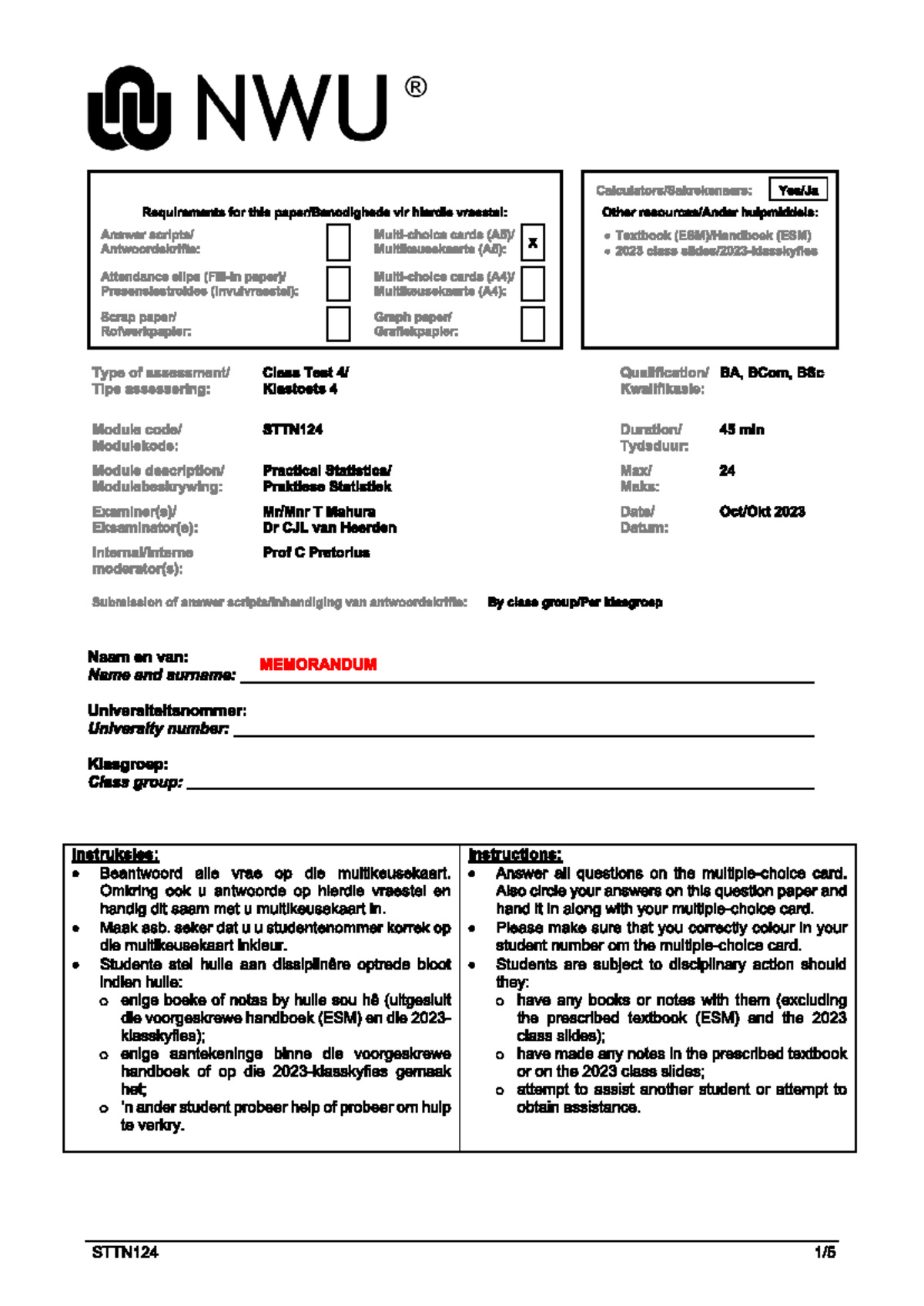 STTN124 2023 Class Test 4 MEMO - W NWU R Calculators/Sakrekenaars: Yes ...