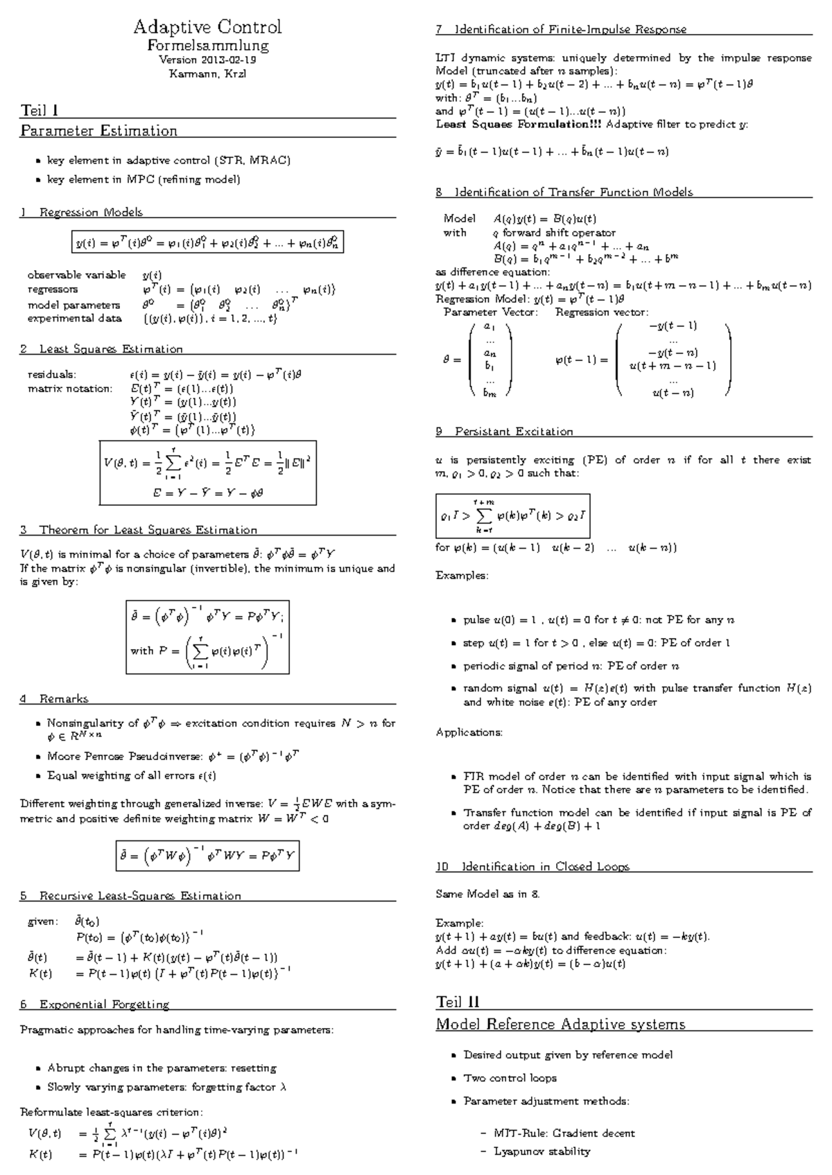 Adaptive Control Cheat sheet - Adaptive Control Formelsammlung Version ...