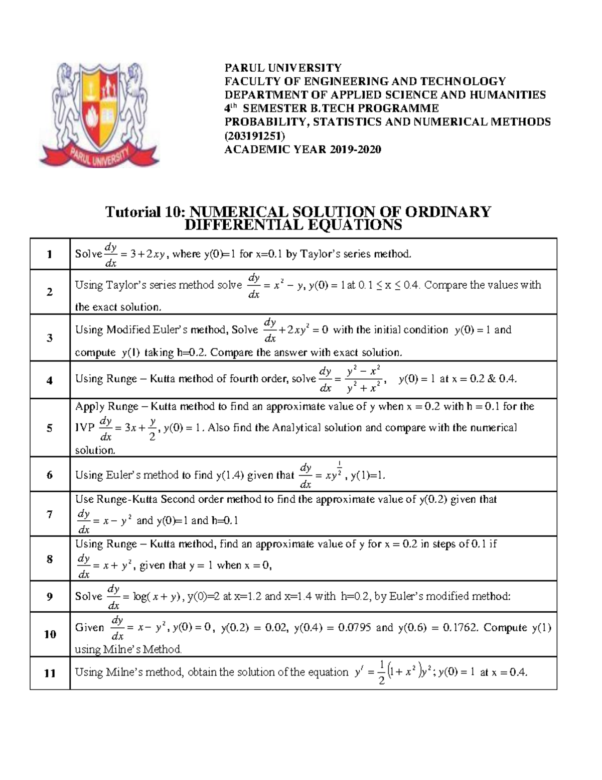 PSNM - Tutorial 10 (Questions) - PARUL UNIVERSITY FACULTY OF ENGINEERING AND TECHNOLOGY ...