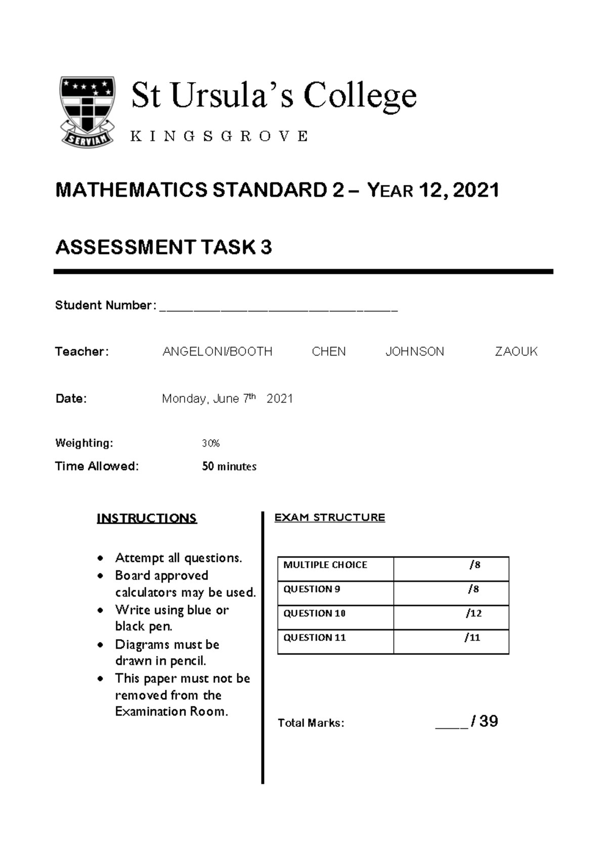 12 STD 2 TASK 3 2021 AT - St Ursula’s College K I N G S G R O V E ...