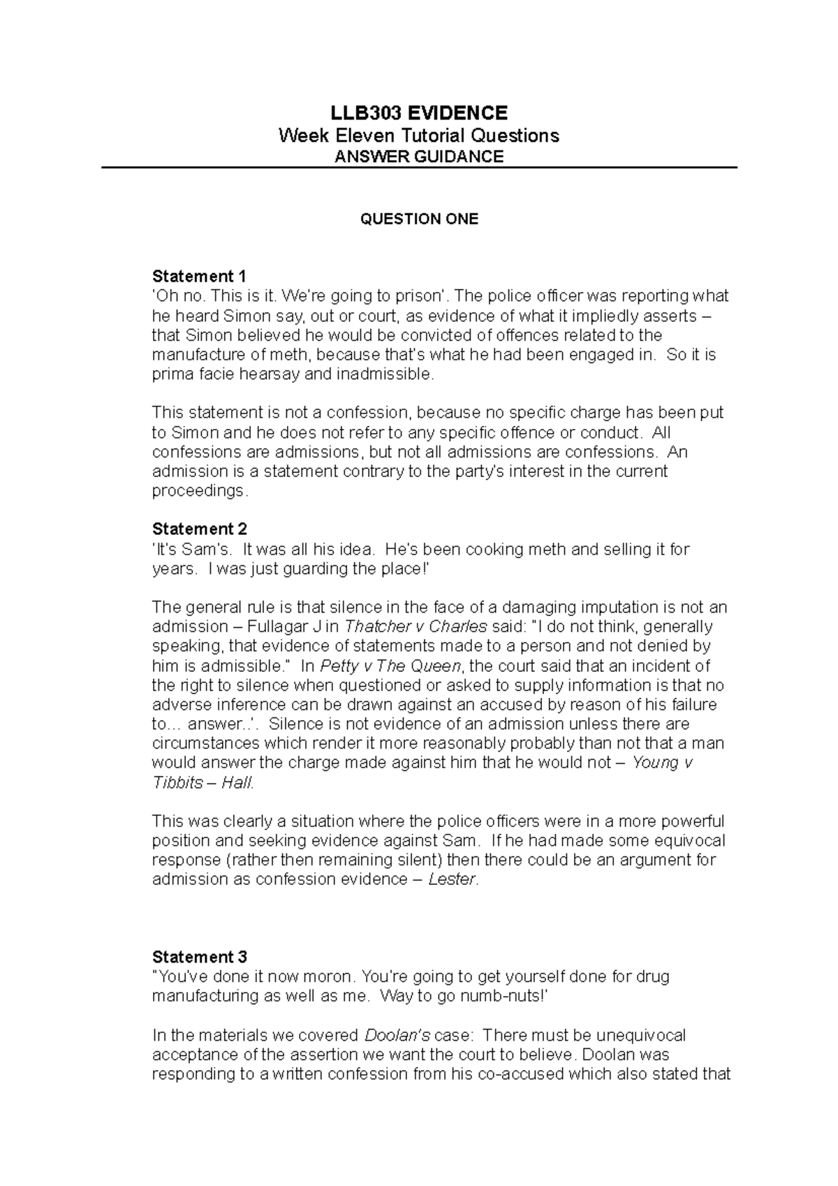 Week 11 Answer Guide 2022 - LLB303 EVIDENCE Week Eleven Tutorial ...