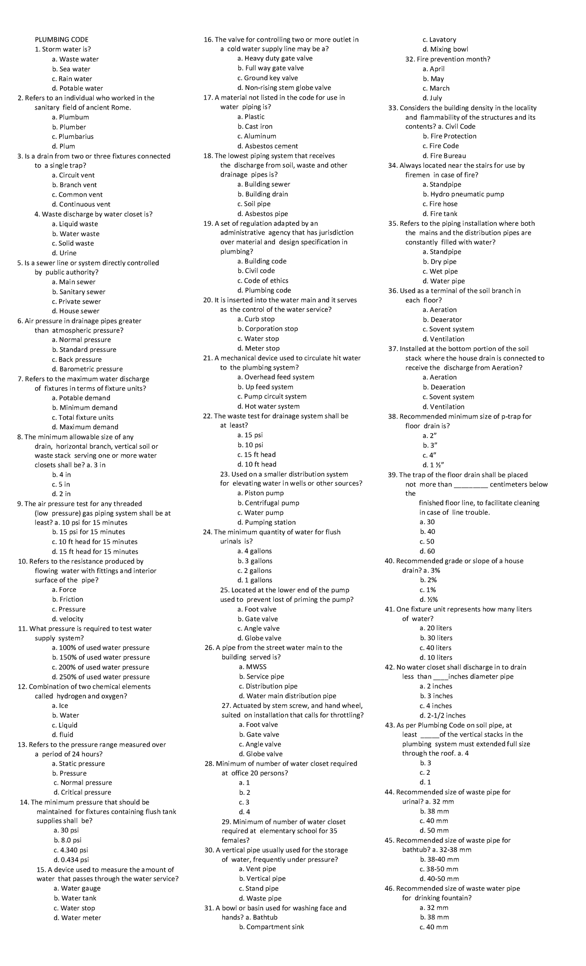 Master Plumber (Plumbing Code) - PLUMBING CODE Storm water is? a. Waste ...