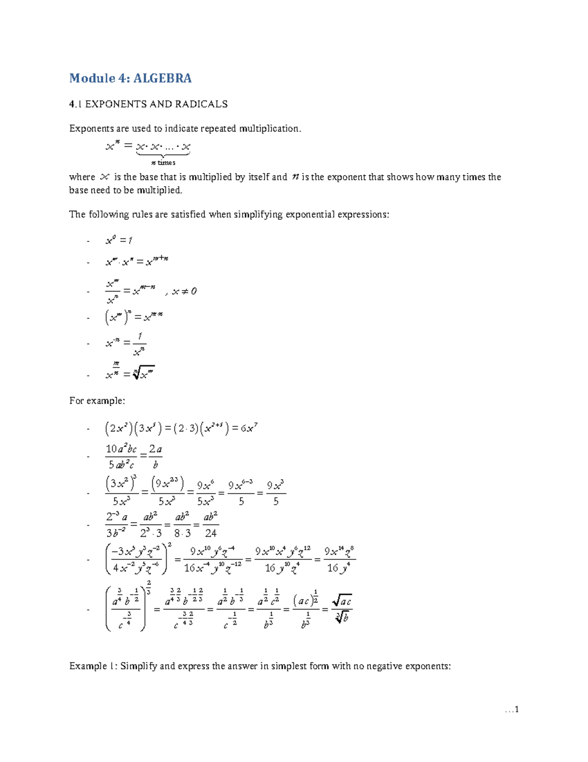 Module 4 - Lecture notes Chapter 4 notes - Module 4: ALGEBRA 4 ...