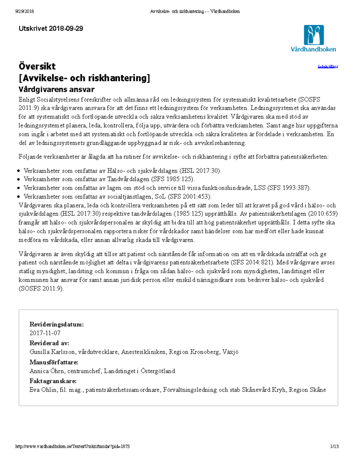 Avvikelse- och riskhantering - Vårdhandboken - Utskrivet 2018­09 ...
