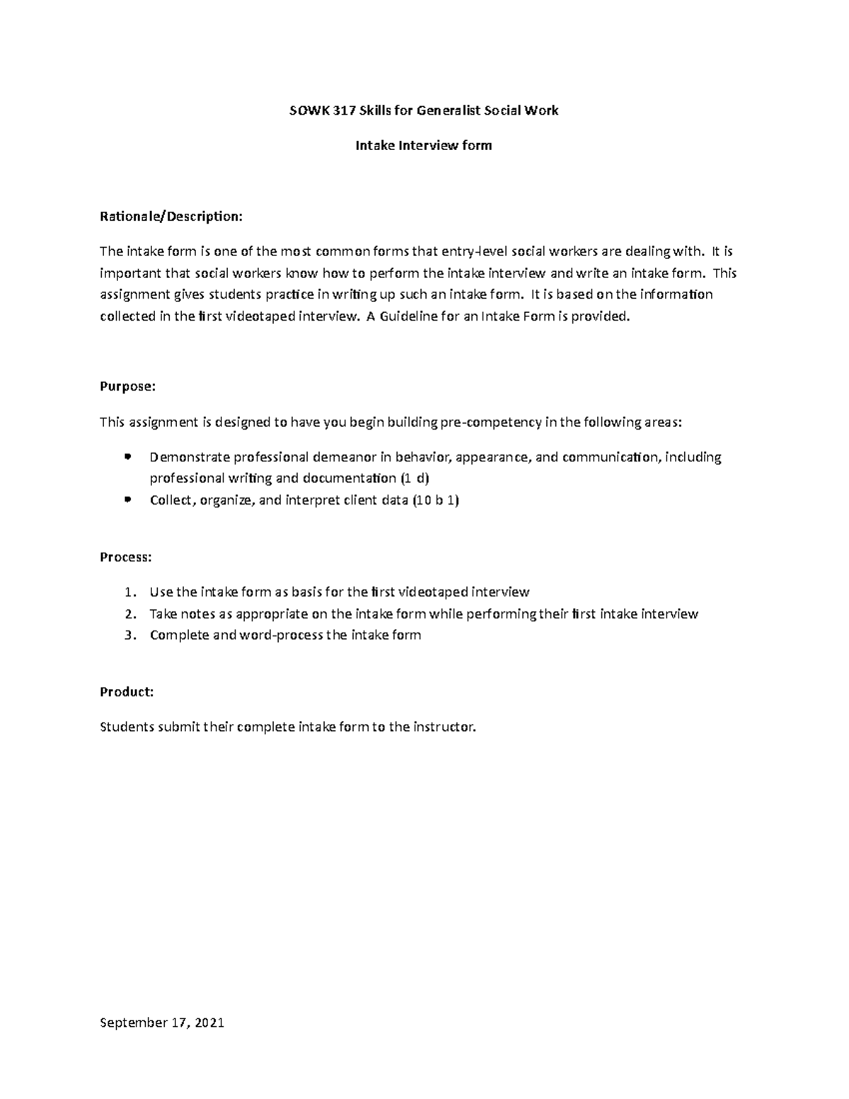 317 interview intake form - SOWK 317 Skills for Generalist Social Work ...