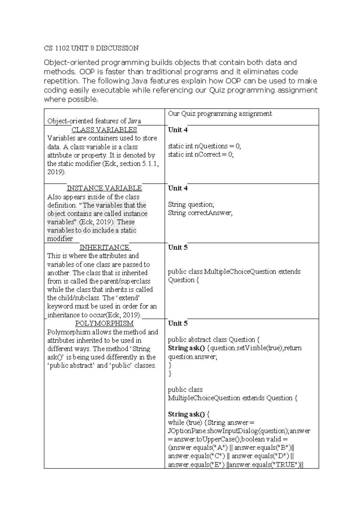 CS 1102 UNIT 8 Discussion - CS 1102 UNIT 8 DISCUSSION Object-oriented programming builds objects ...