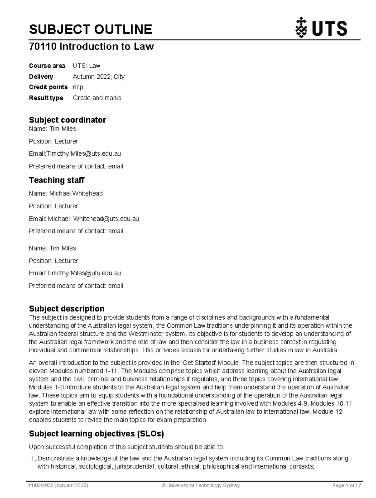 Intro to Law SO - Subject outline - SUBJECT OUTLINE 70110 Introduction ...