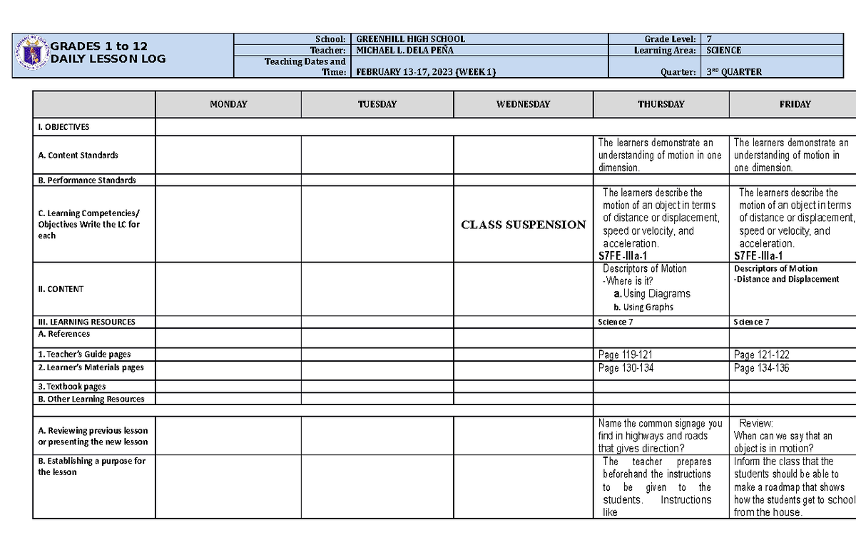 DLL Science Q3 - W1 - GRADES 1 to 12 DAILY LESSON LOG School: GREENHILL HIGH SCHOOL Grade Level ...
