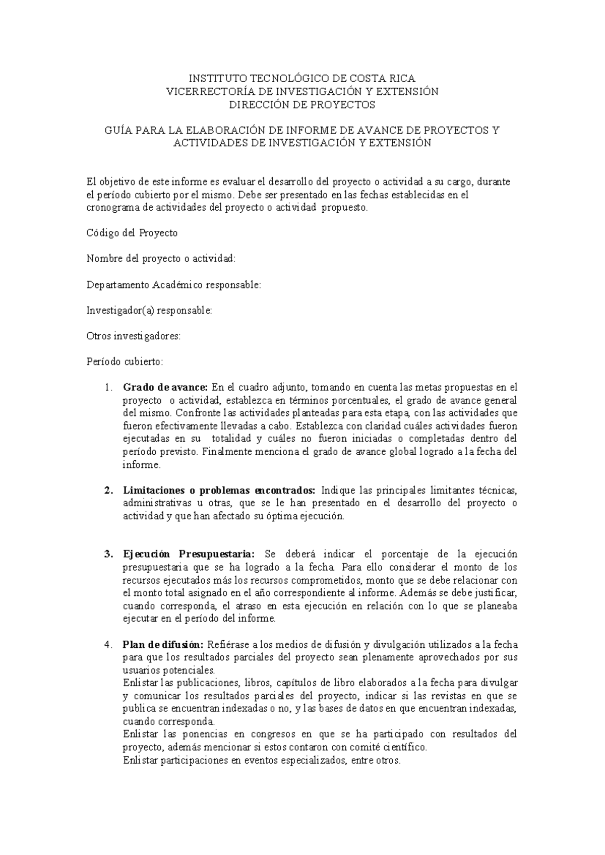 Formato para la elaboracion de informes de avance de proyectos de investigacion - INSTITUTO ...