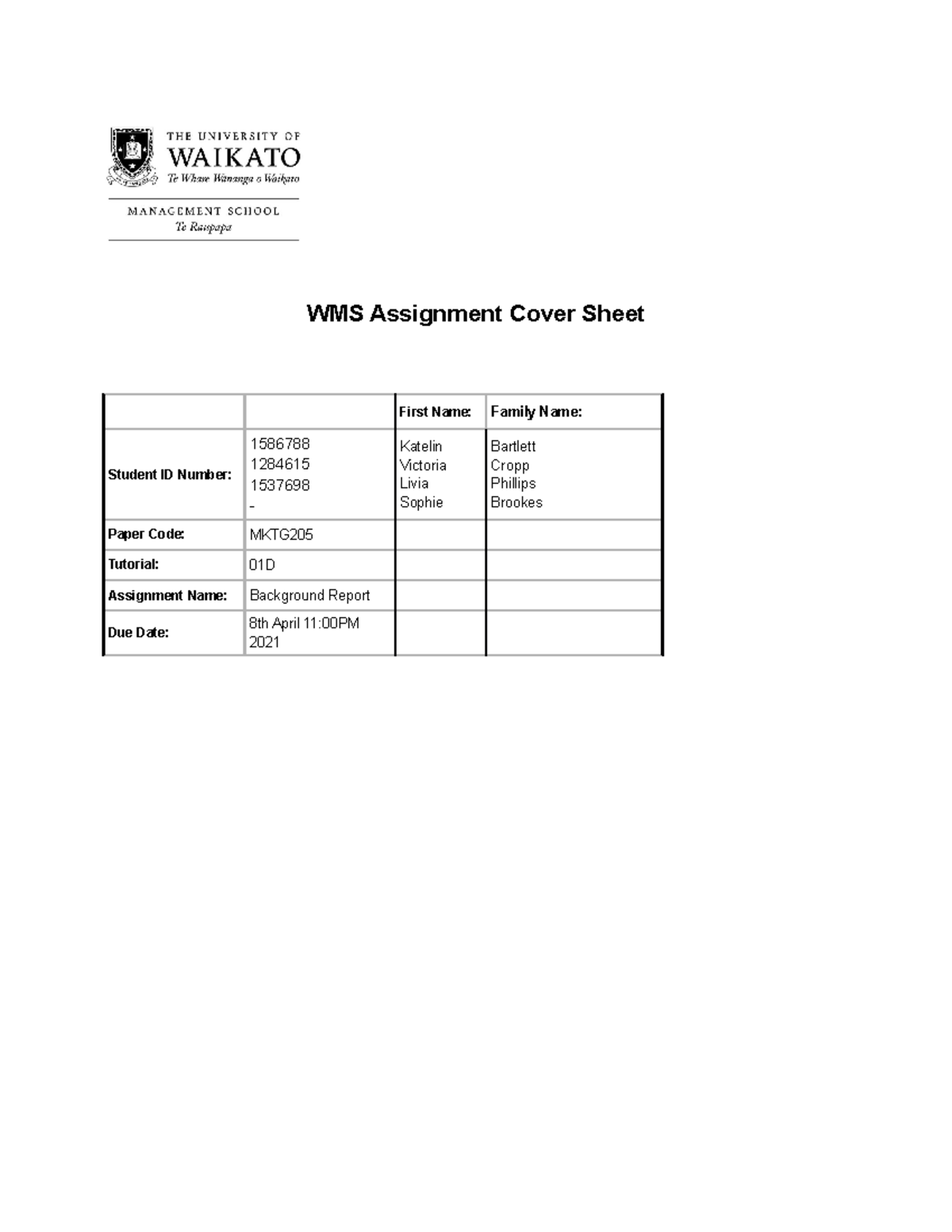 The Background report - WMS Assignment Cover Sheet First Name: Family Name: Student ID Number ...