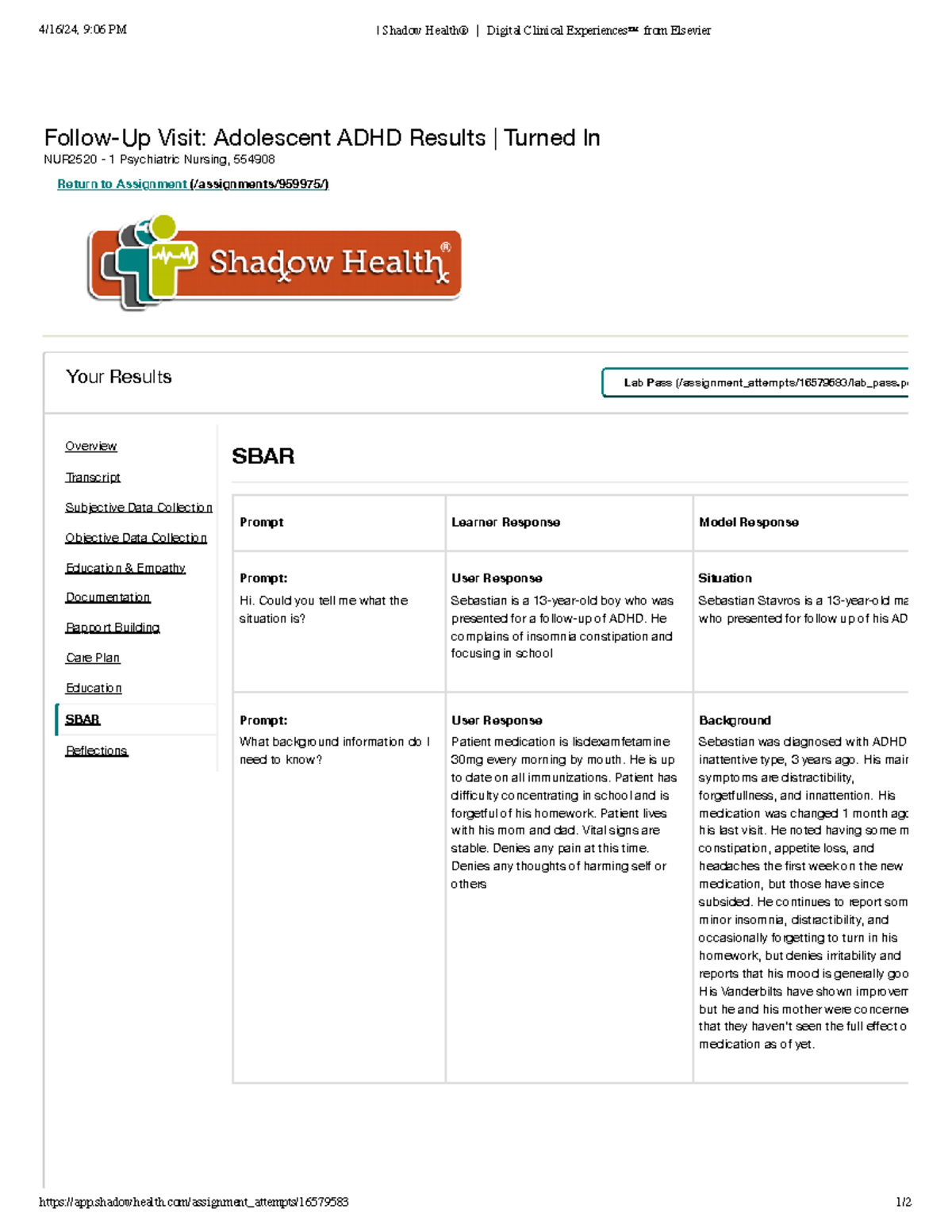 ADHD SBAR - simulation for ADHD patient - 4/16/24, 9:06 PM | Shadow ...