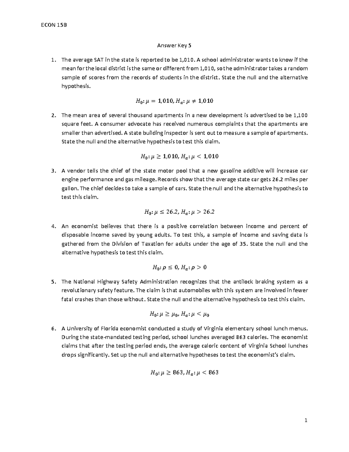 Answer Key 5 15B S23 ECON 15B 1 Answer Key 5 The Average SAT In The