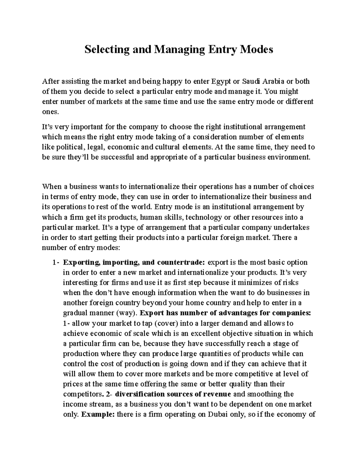 Selecting and Managing Entry Modes - You might enter number of markets ...