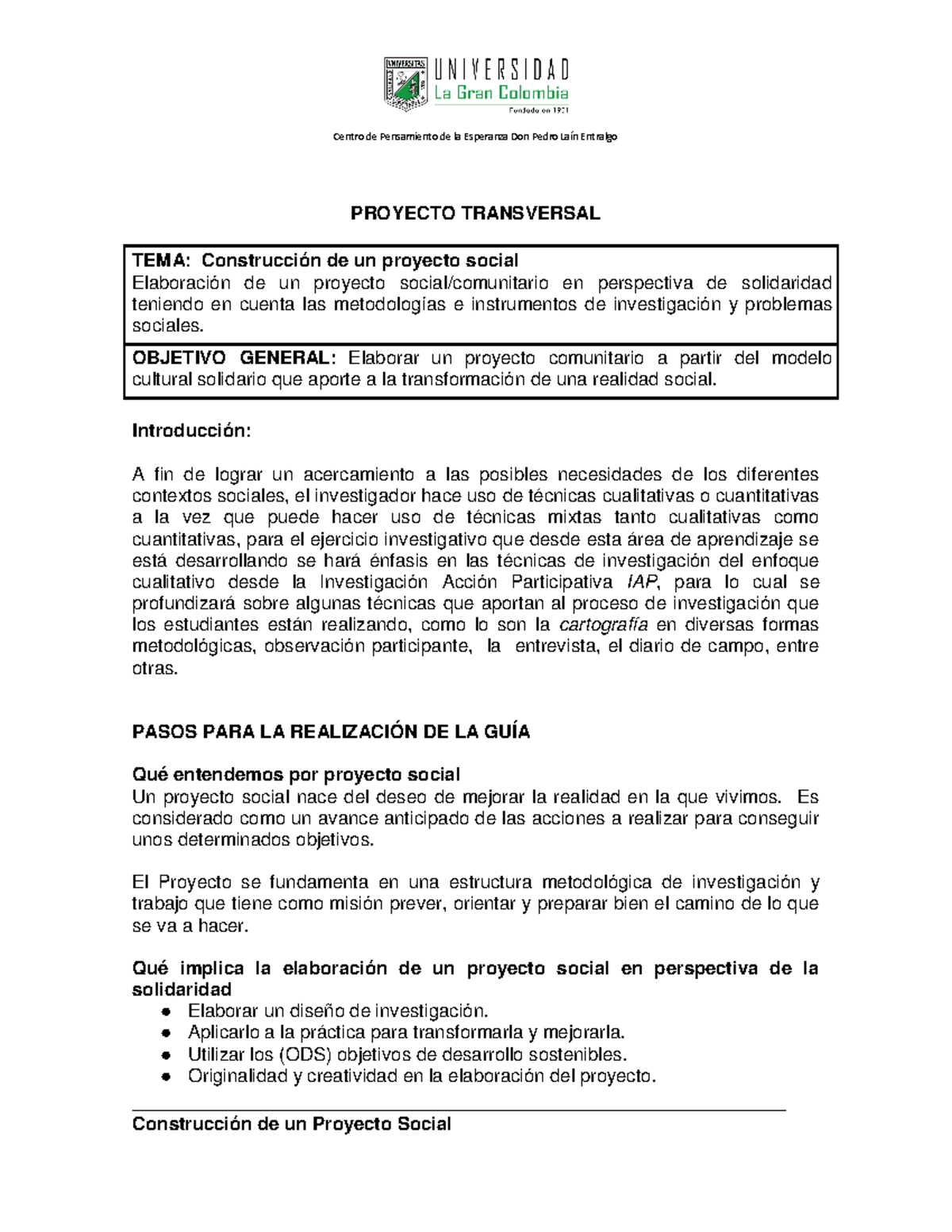 GUIA Proyecto Transversal - Centro de Pensamiento de la Esperanza Don ...