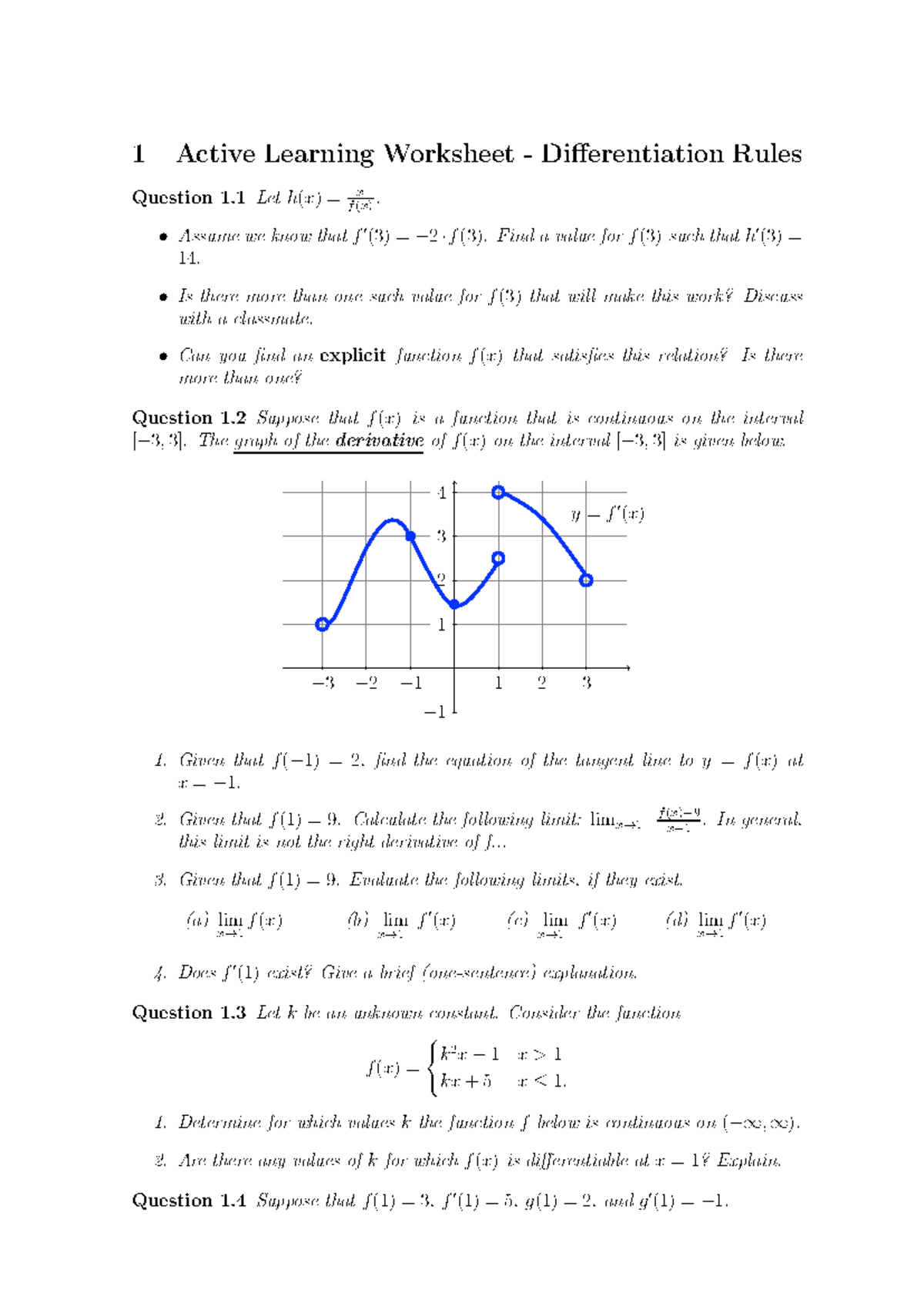 Active Learning Derivative Rules - 1 Active Learning Worksheet ...