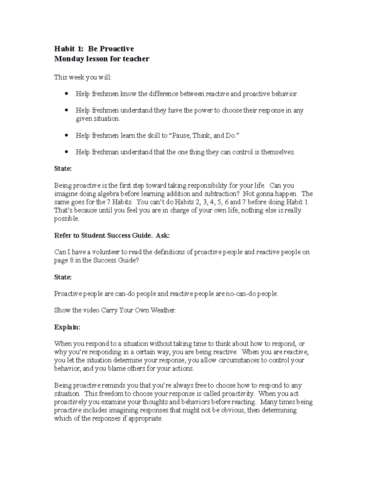 Habit 1 be proactive - Habit 1: Be Proactive Monday lesson for teacher ...