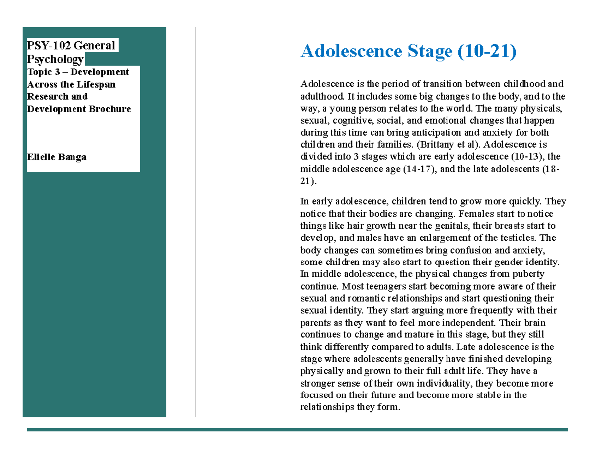 Psychology 101 Brochure Template - Adolescence Stage (10-21 ...