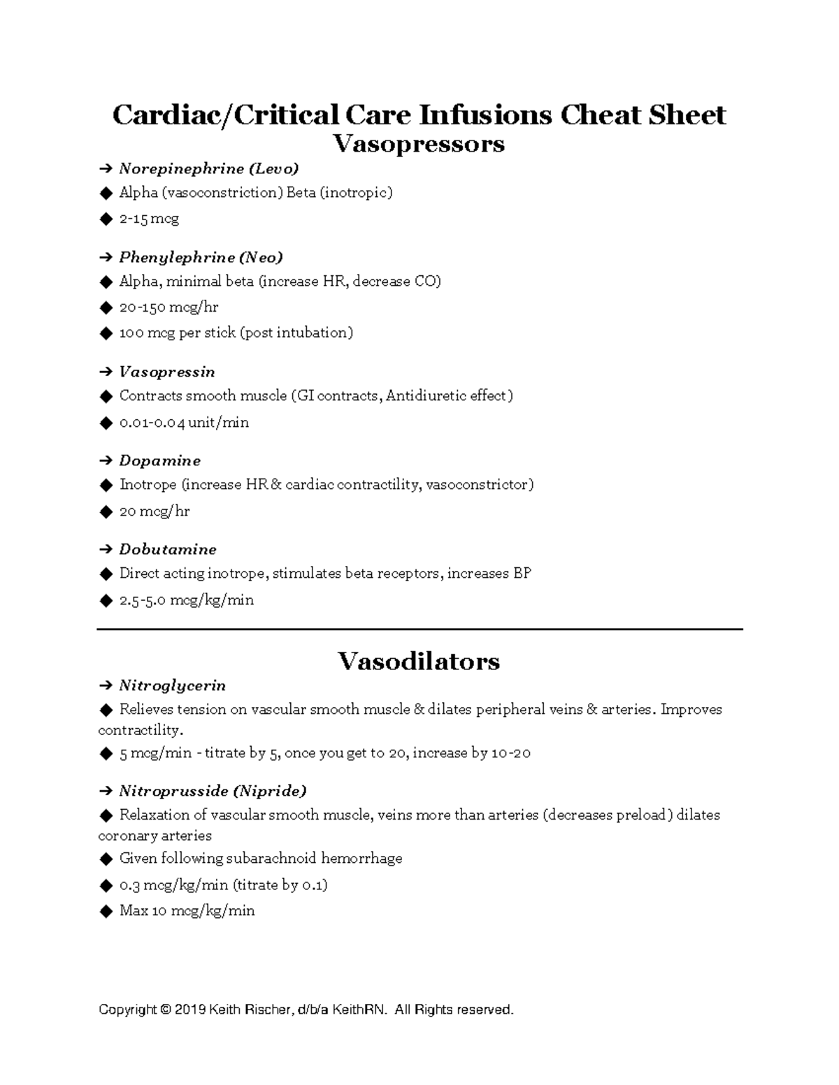 Cardiac Critical Care Infusions Cheat Sheet - Copyright © 2019 Keith ...