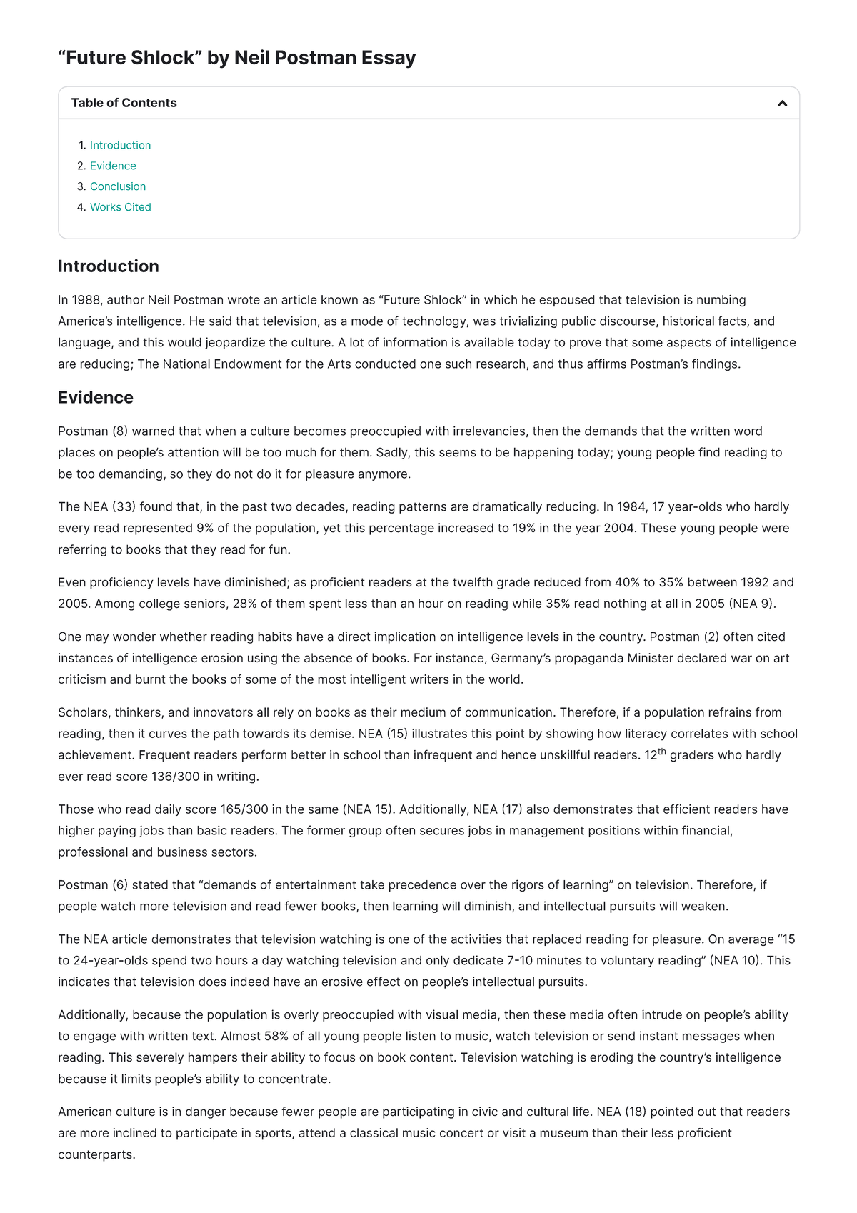 Future Shlock by Neil Postman - 676 Words Essay Example - “Future ...