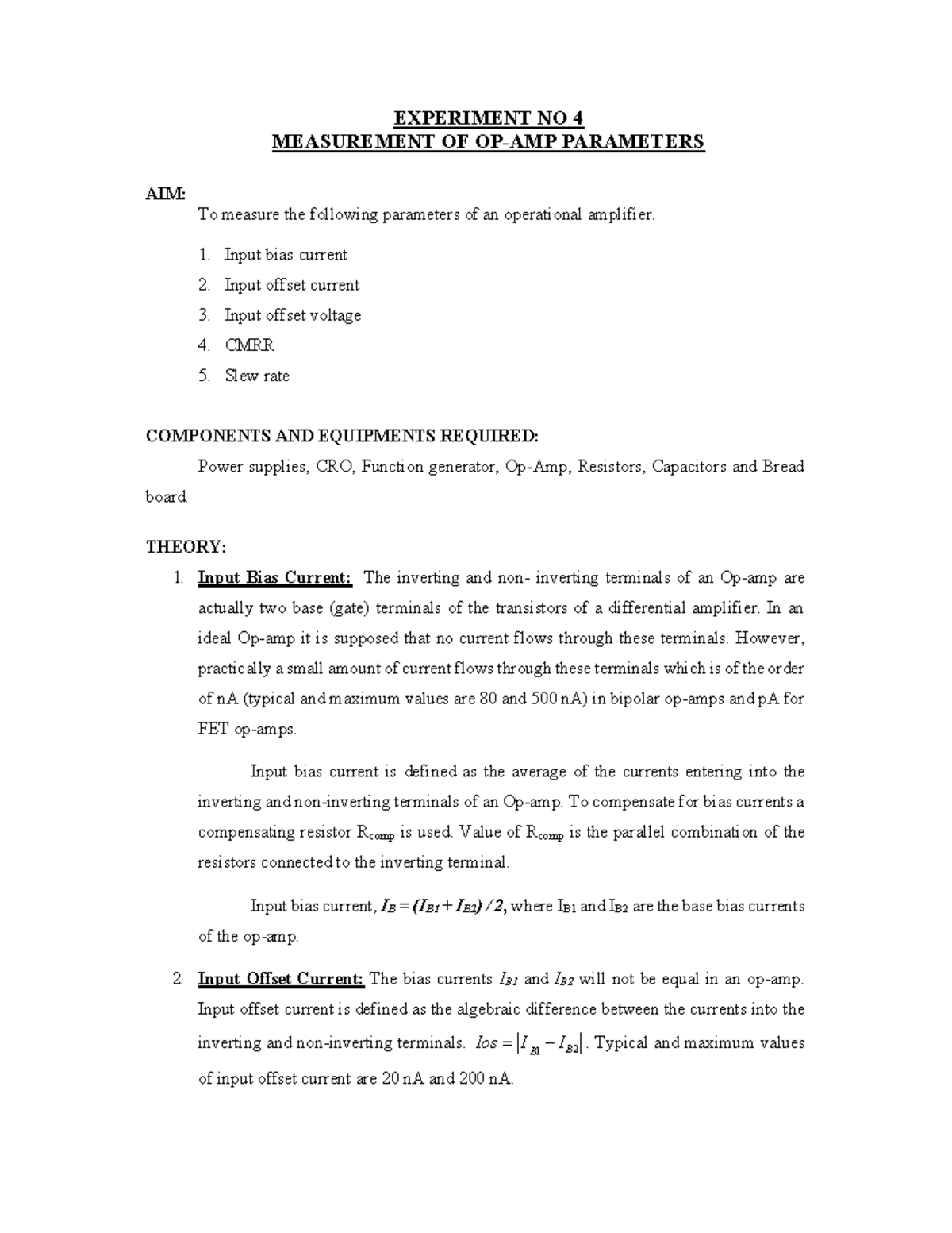 Experiment 4 AND 5 - EXPERIMENT NO 4 MEASUREMENT OF OP-AMP PARAMETERS AIM: To measure the ...