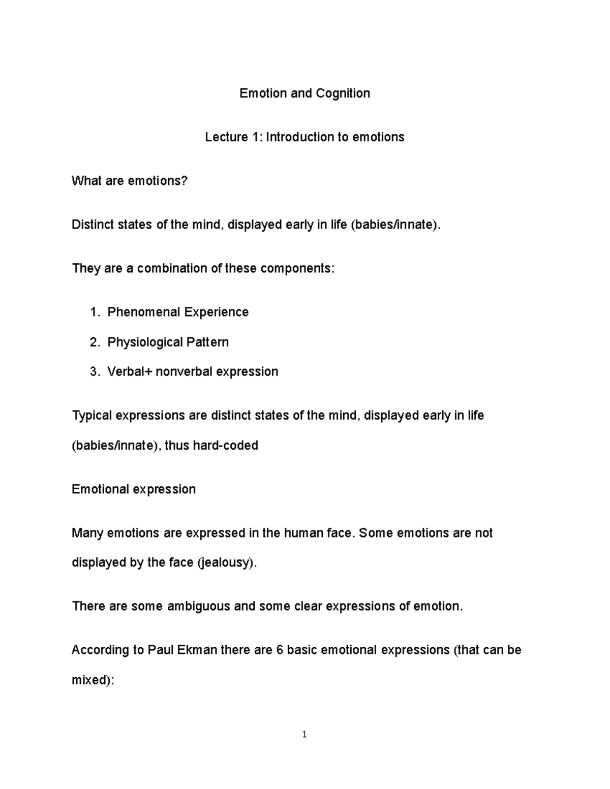 2021 Emotion And Cognition Lecture 1 Notes Emotion And Cognition Lecture 1 Introduction To