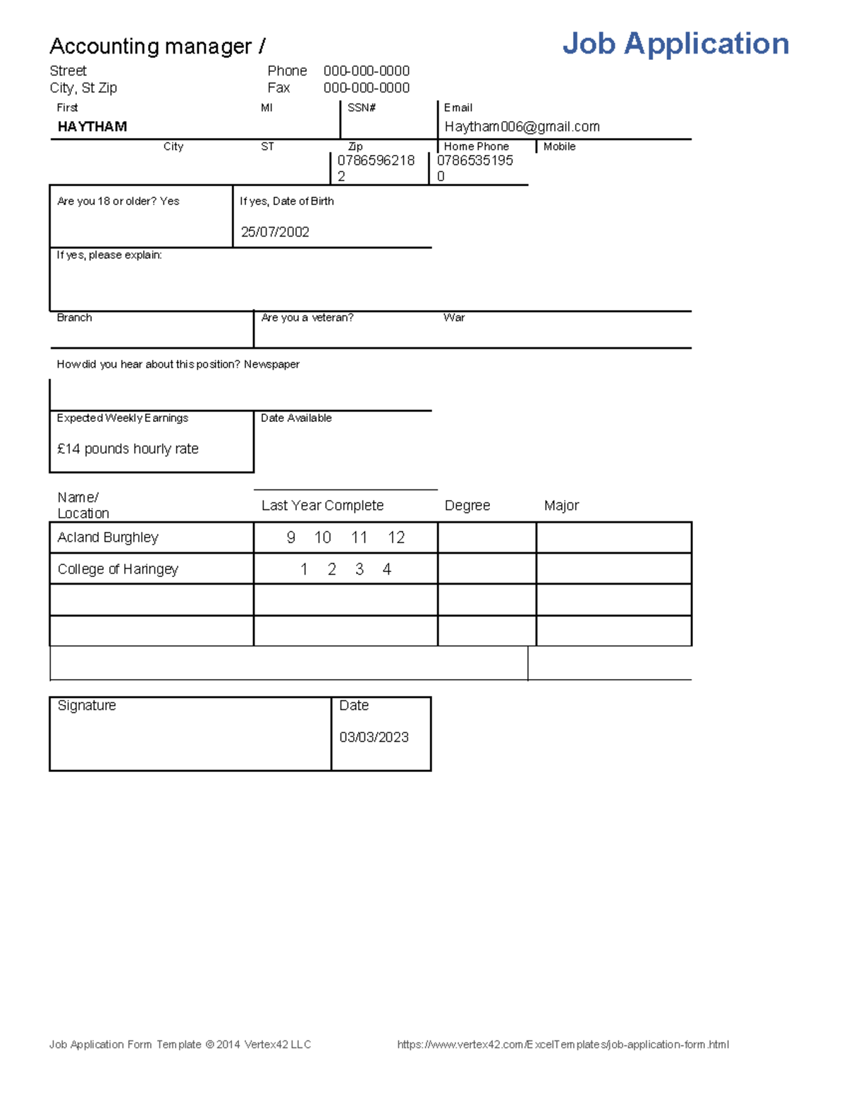Job-application-form - Accounting manager / Job Application Street ...