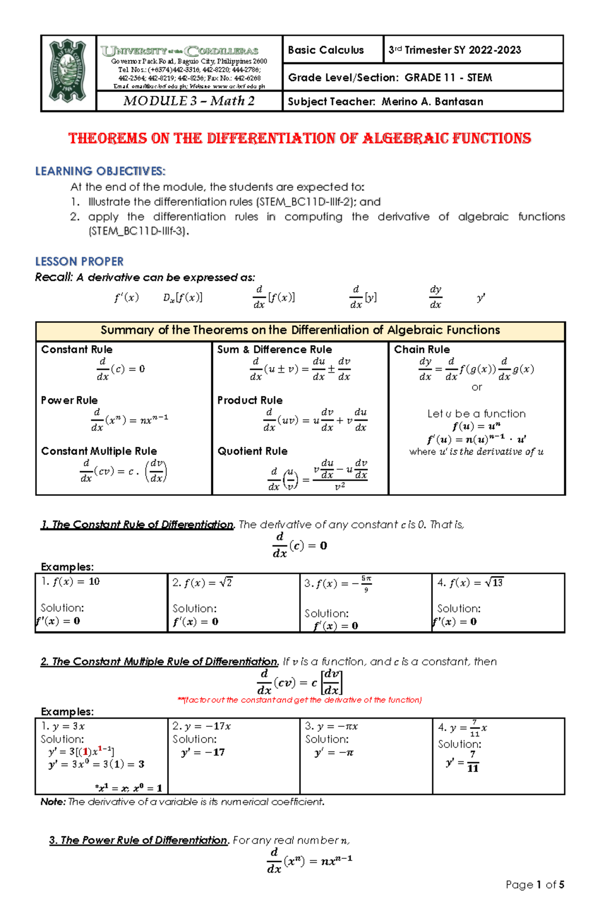 Module 3 Basic Calculus Governor Pack Road Baguio City Philippines