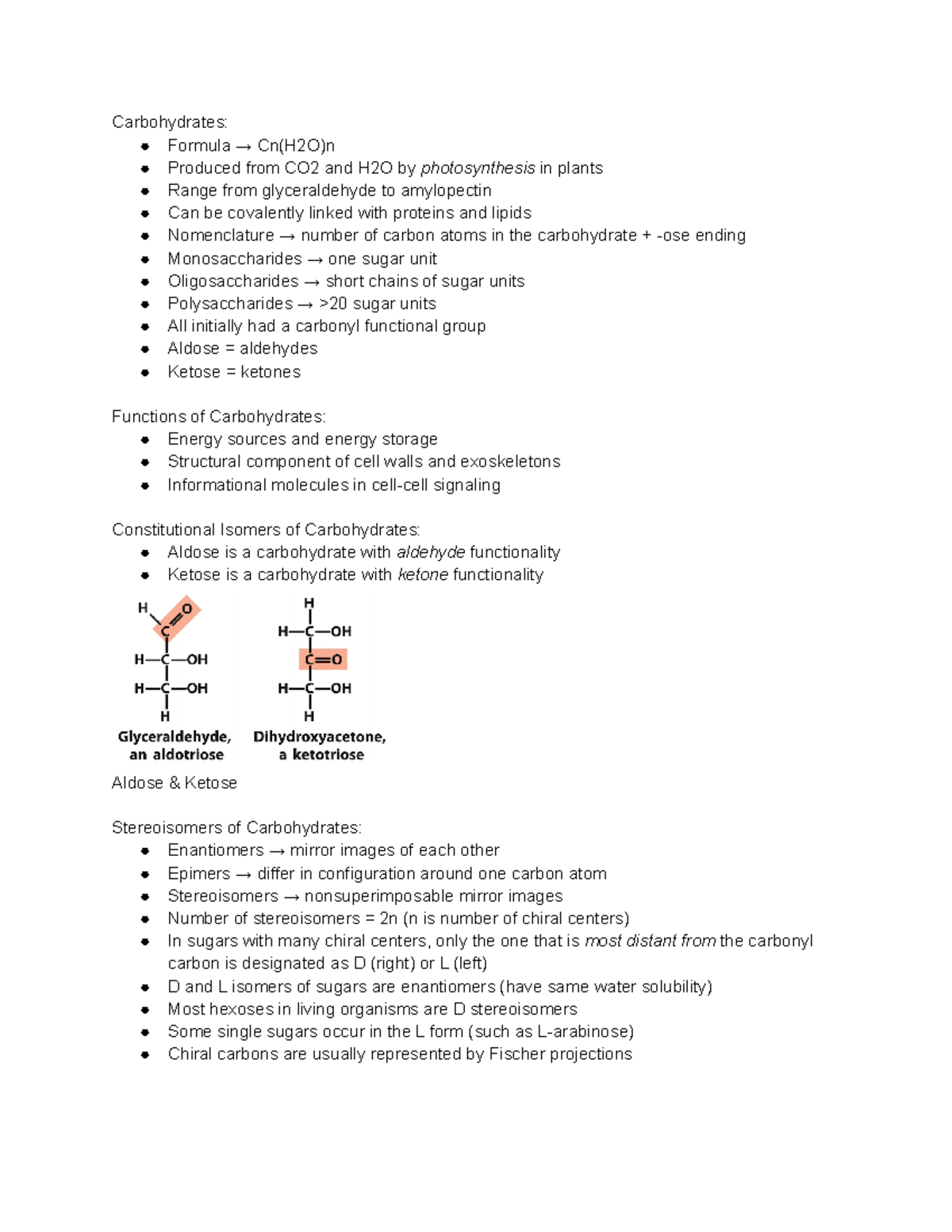 Carbohydrate Notes - Carbohydrates: Formula → Cn(H2O)n Produced from ...
