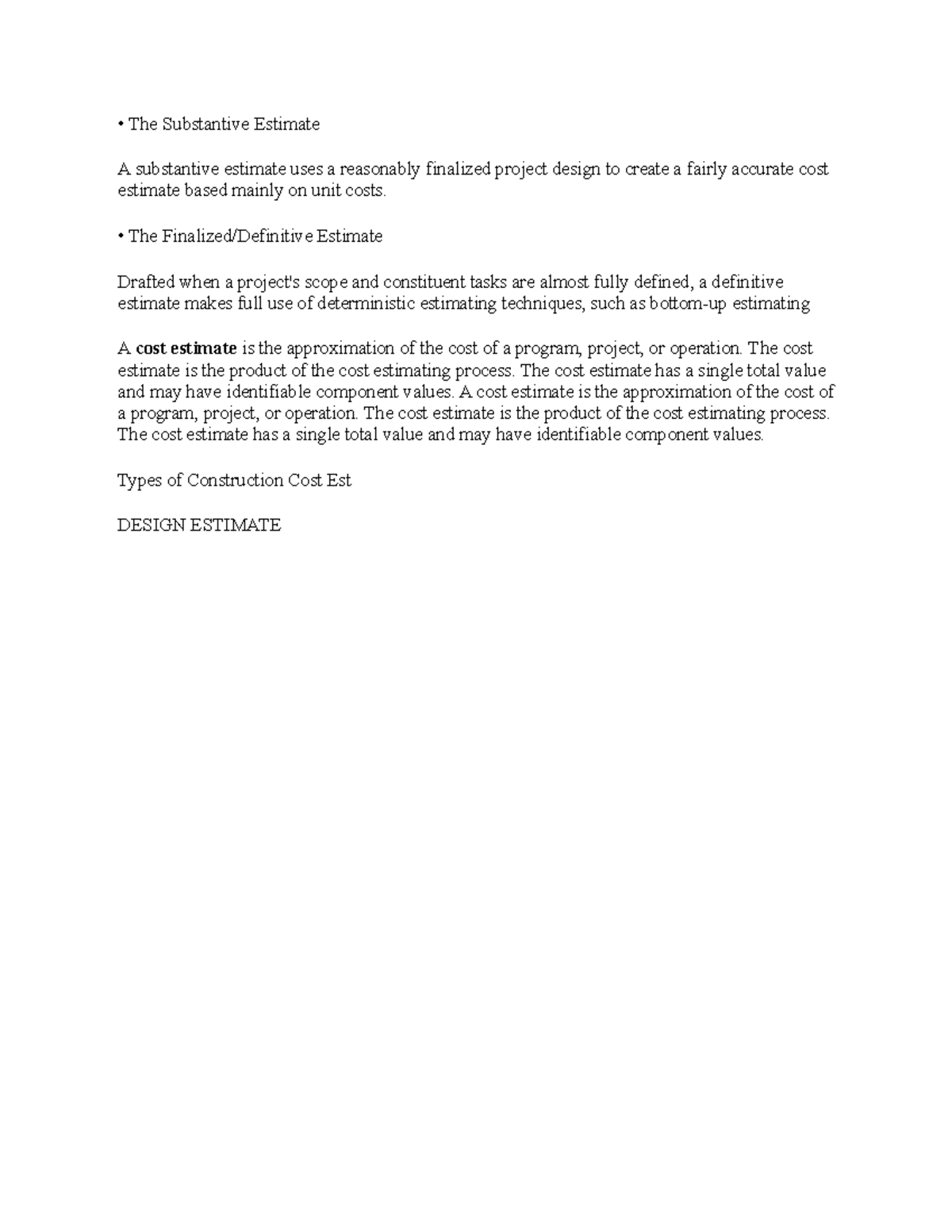 Design - lecturing notes - The Substantive Estimate A substantive ...