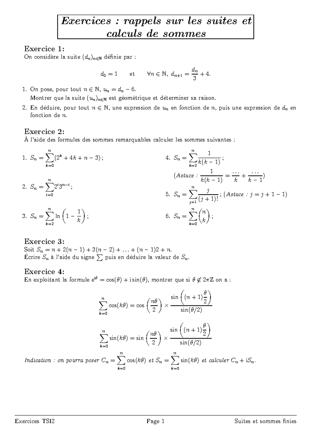 Rappels sur les suites et les sommes Exercices - Exercices : rappels ...
