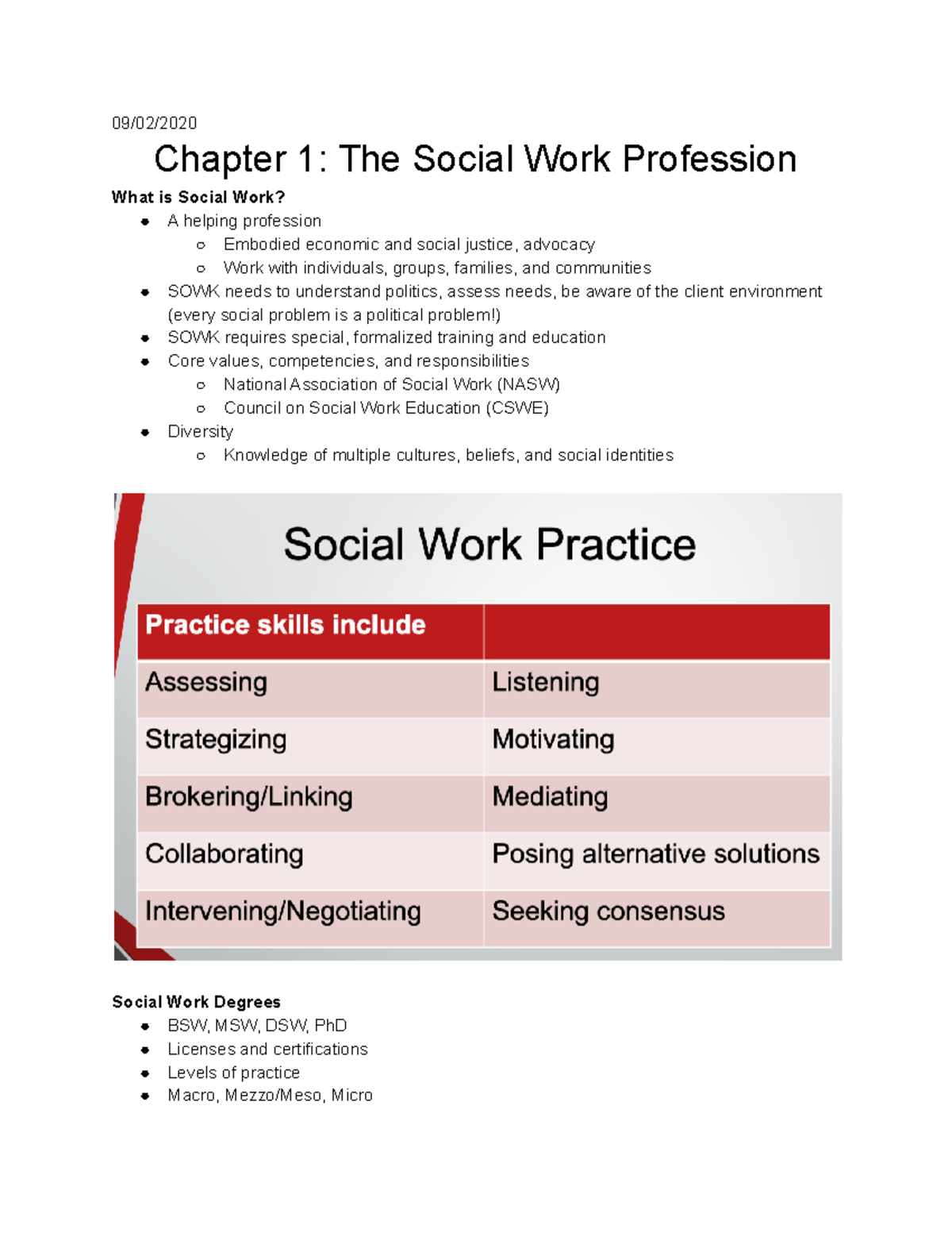 Intro to SOWK Ch. 1 - Ch. 5 Notes - 09/02/ Chapter 1: The Social Work ...