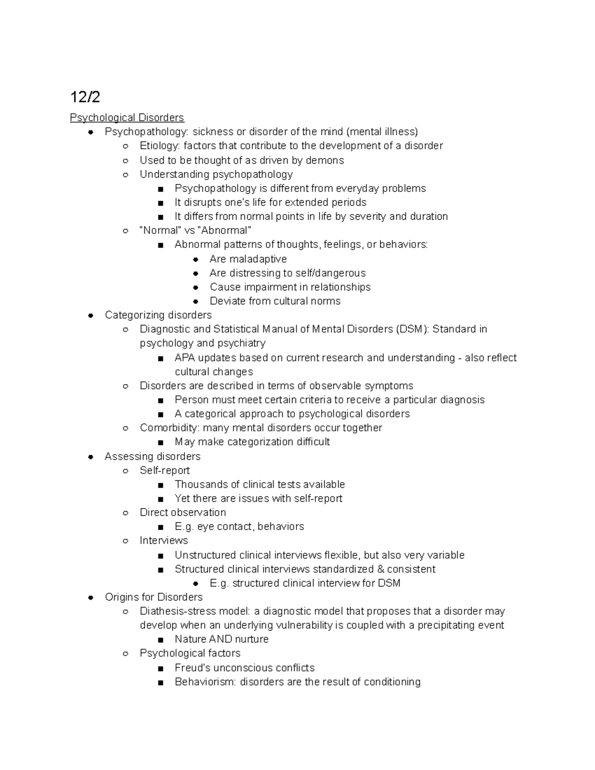 PSC 1 Lecture Notes - 12/ Psychological Disorders Psychopathology ...