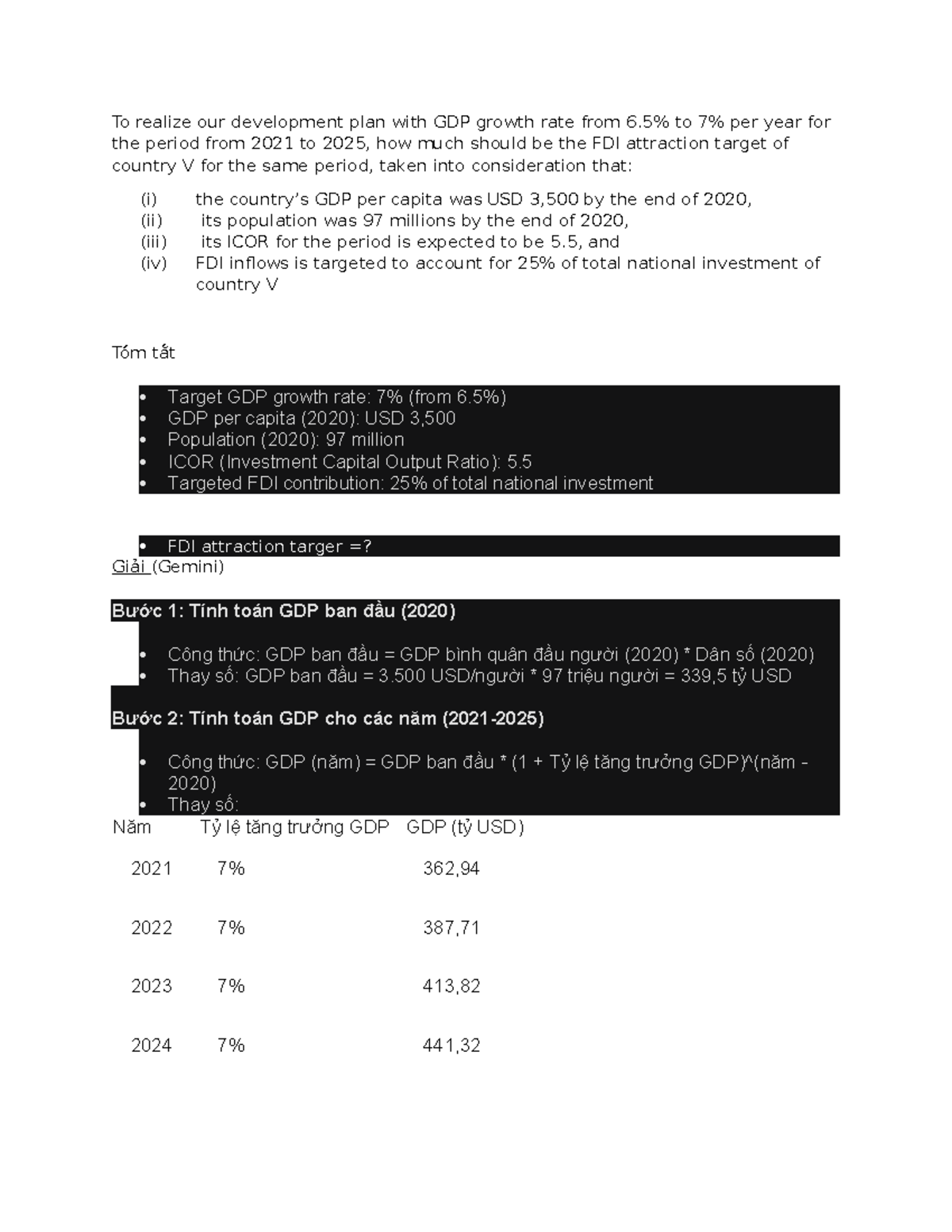Bài tập ĐTQT - To realize our development plan with GDP growth rate ...