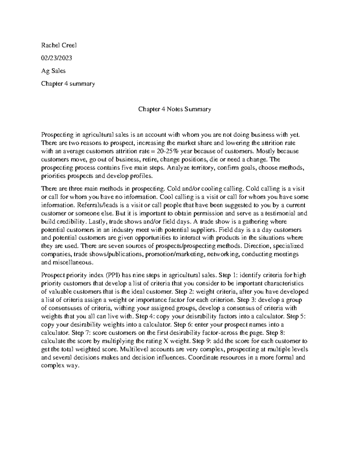 Ag Sales Ch 4 summary - Rachel Creel 02/23/ Ag Sales Chapter 4 summary ...