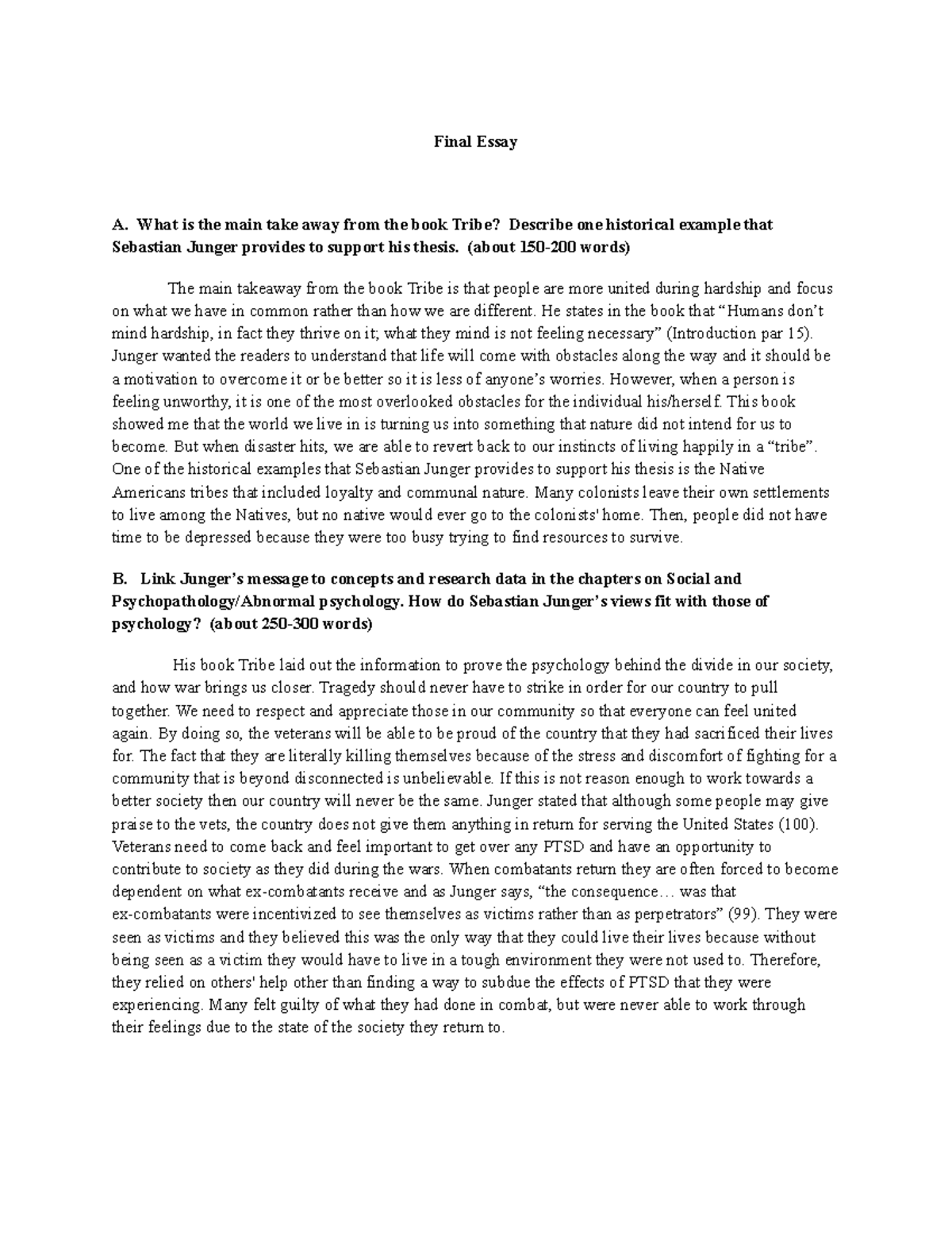 Final Essay - classwork - Final Essay A. What is the main take away ...