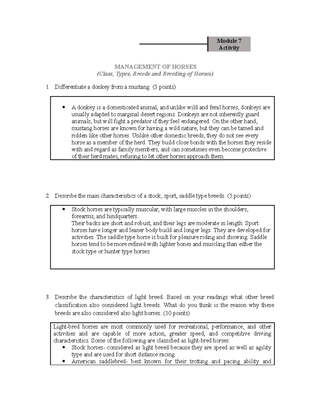 Module 7 Activity MANAGEMENT OF HORSES(Class, Types, Breeds and ...