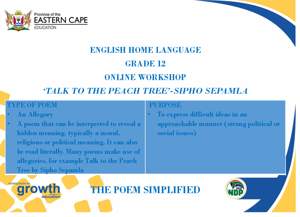 EHL Poetry Workshop Module 3 TALK TO THE Peach TREE - ENGLISH HOME ...