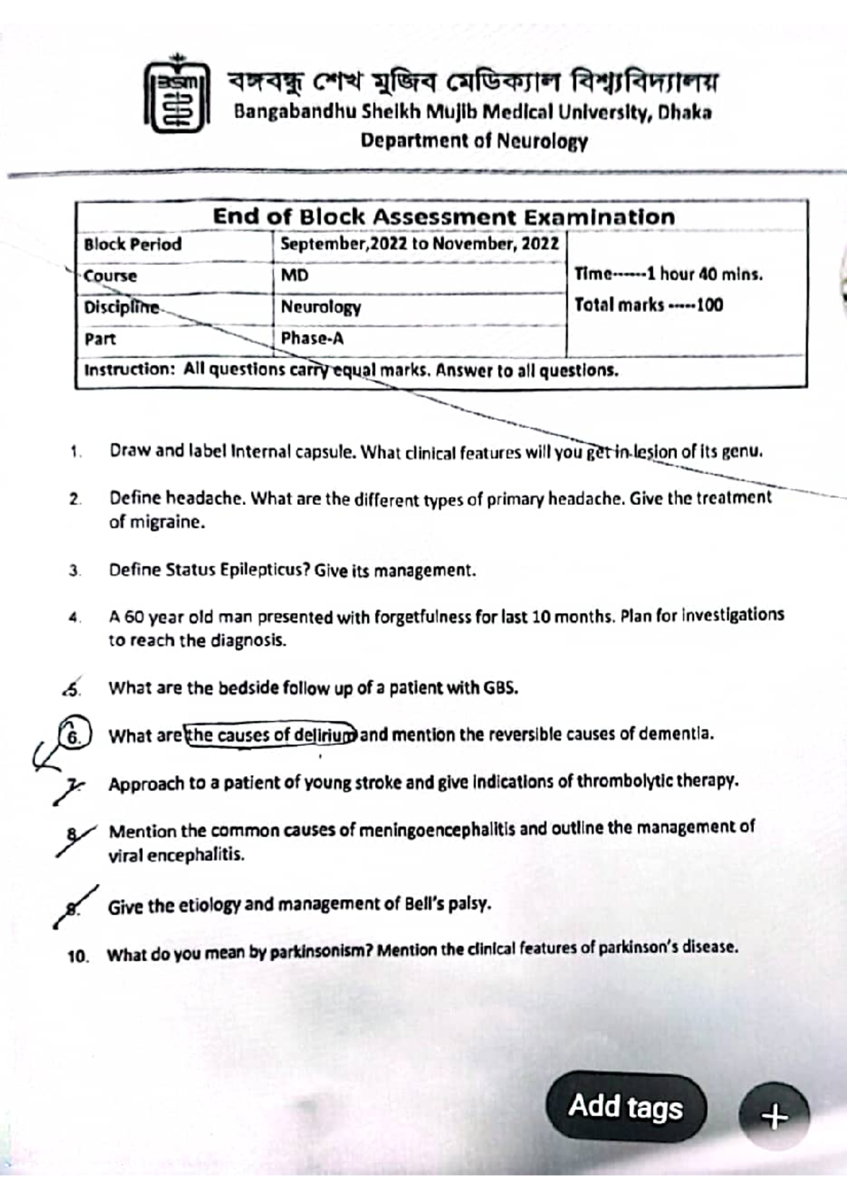 Neuro block final questions - Medicine - Studocu