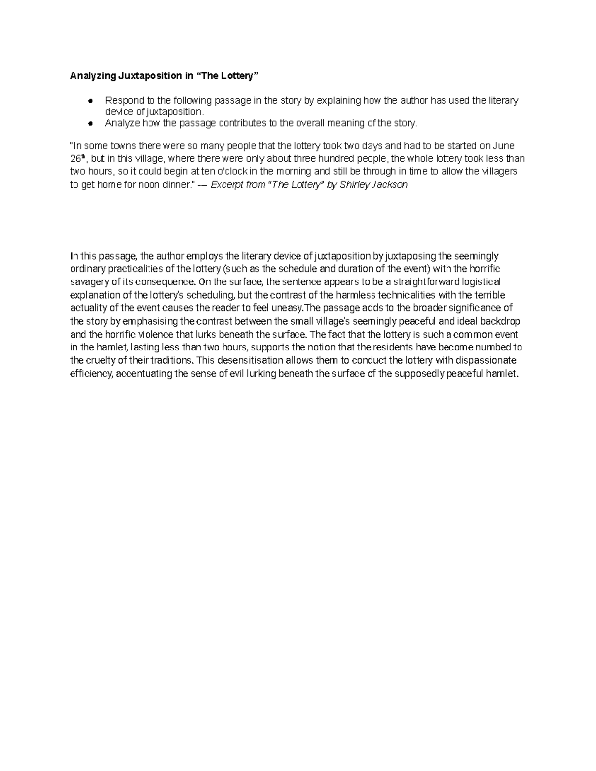 Questions - Analyzing Juxtaposition in “The Lottery” - Analyzing ...