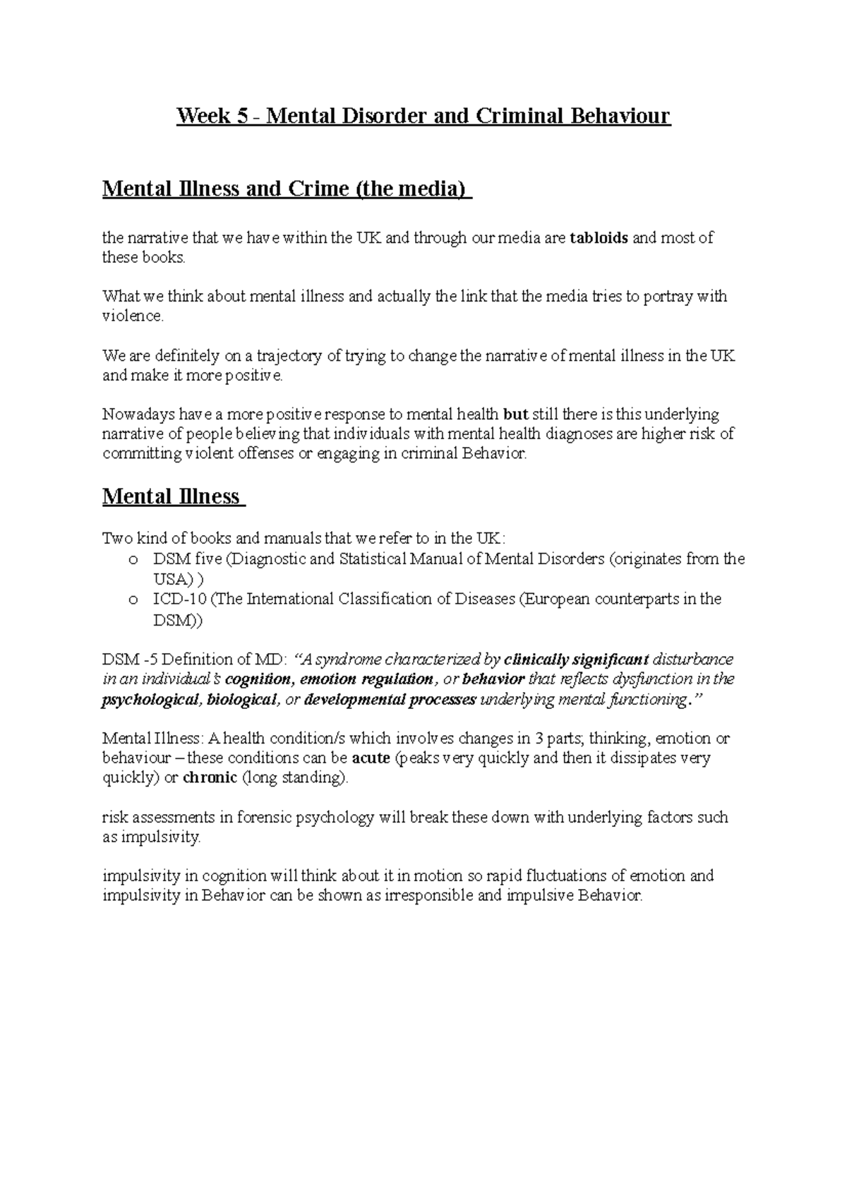 Week 5 - Mental Disorders and Crime - Week 5 - Mental Disorder and ...