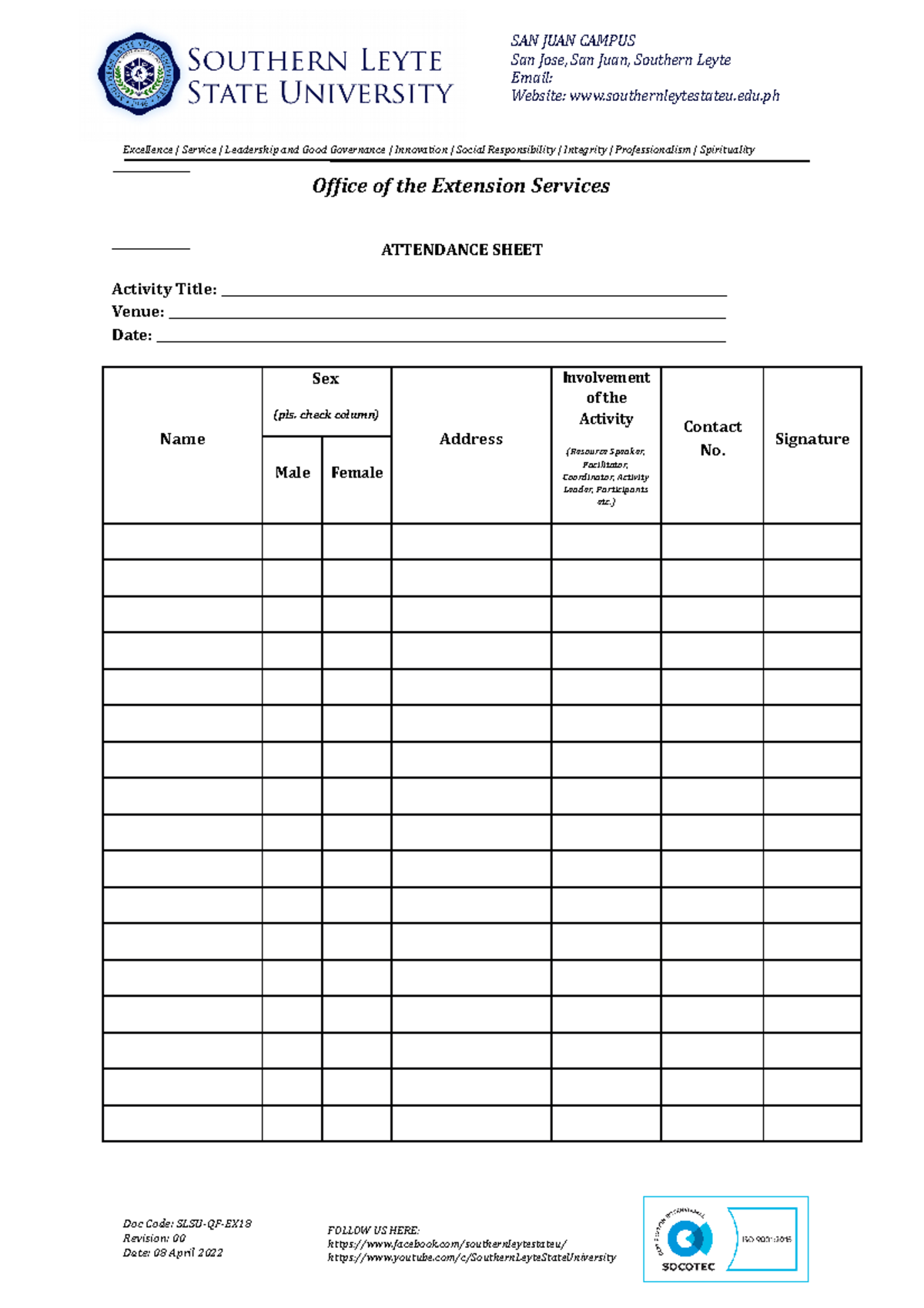 QF EX18 Attendance Sheet for Extension Services Quality Forms for ...