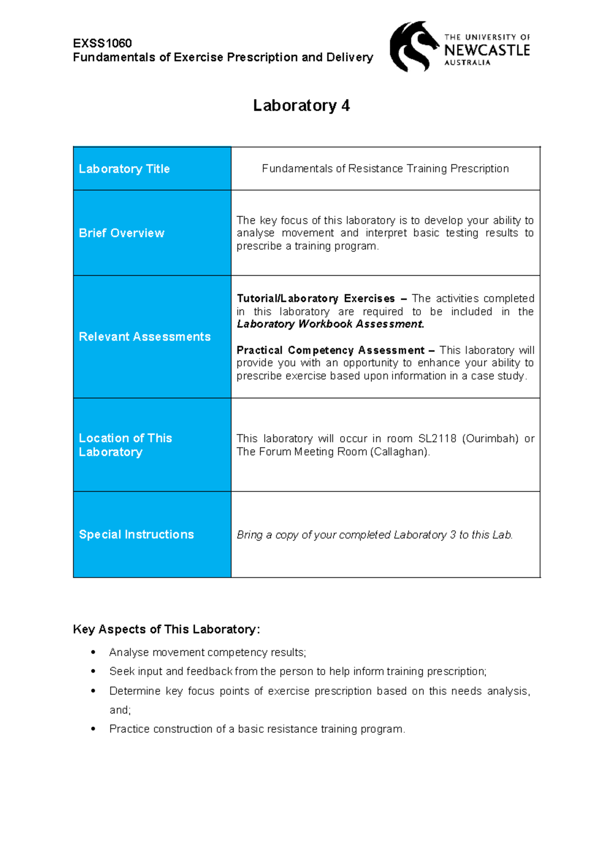 EXSS1060 Lab 4 Outline 2024 - Fundamentals of Exercise Prescription and ...
