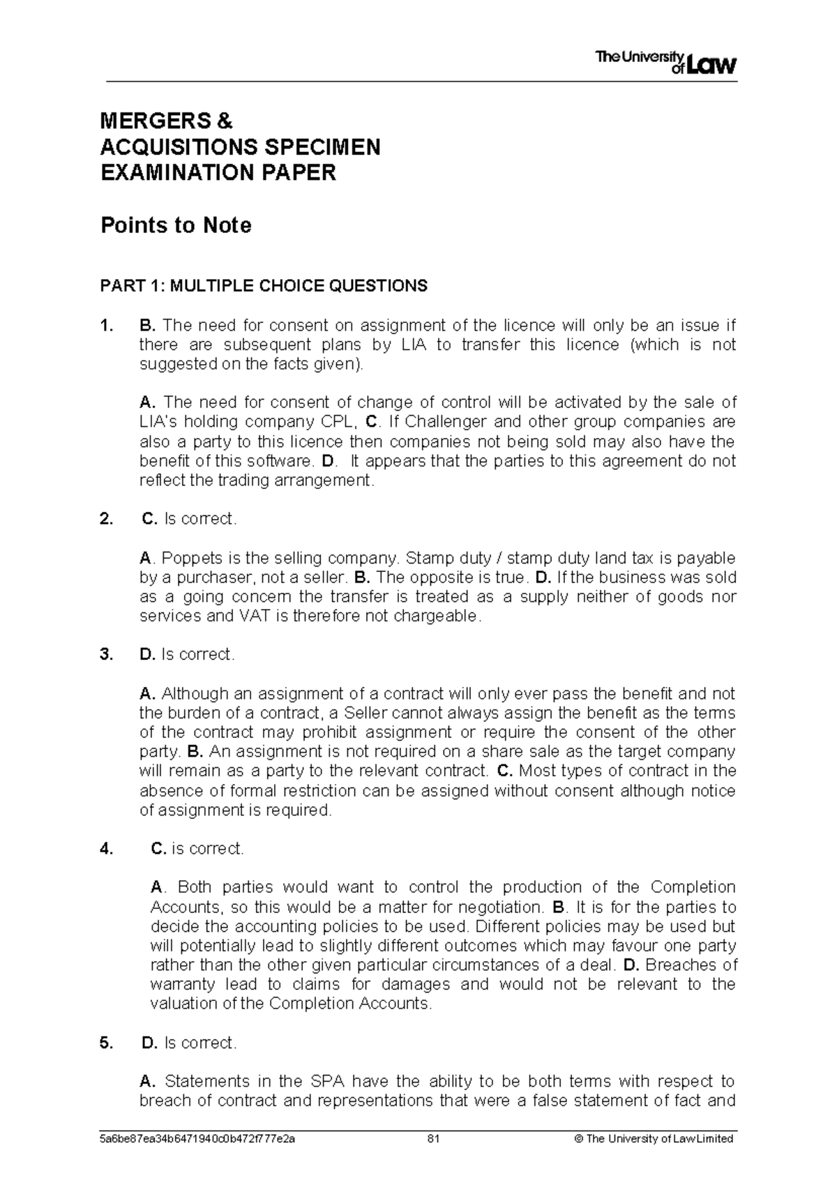 2223 macq ce01 specimen exam points to note - MERGERS & ACQUISITIONS ...