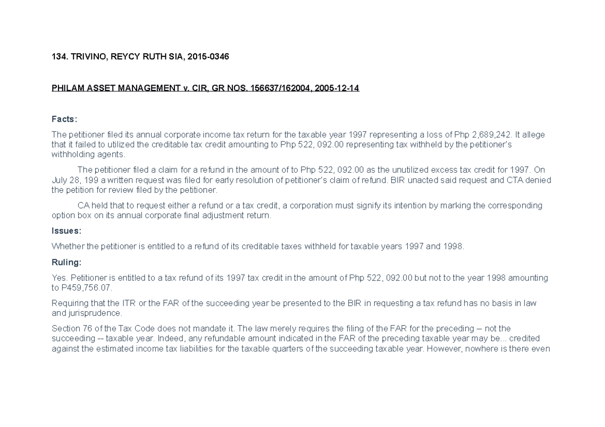 1. Philam Asset Management v. CIR - 134. TRIVINO, REYCY RUTH SIA, 2015 ...