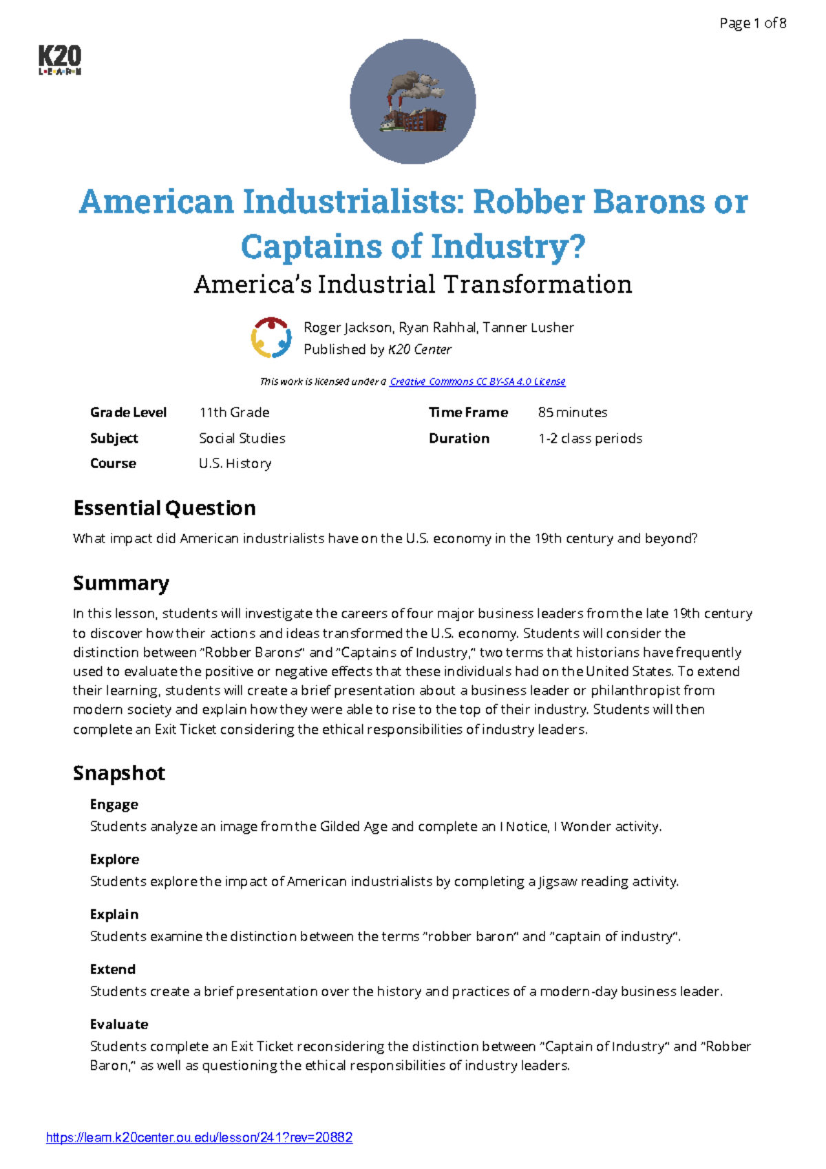American Industrialists Robber Barons or Captains of Industry - Grade ...