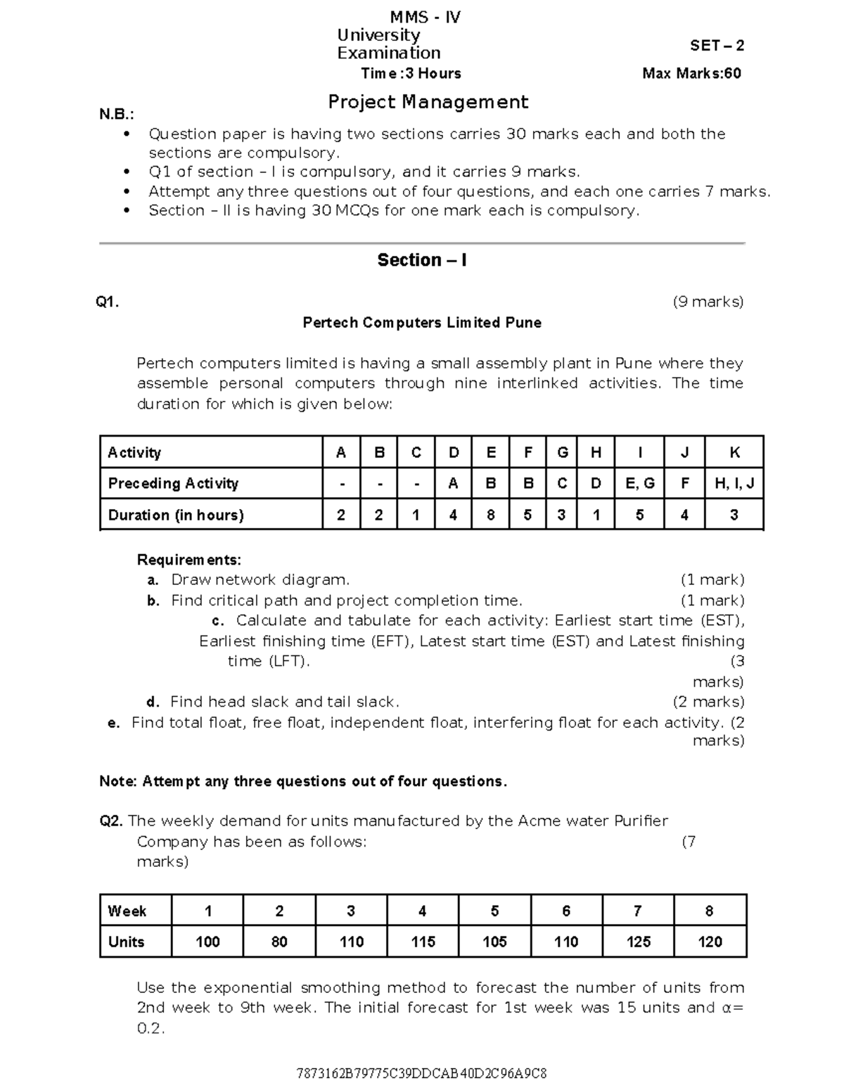Project Management 2022 - MMS - IV University Examination SET – 2 N ...